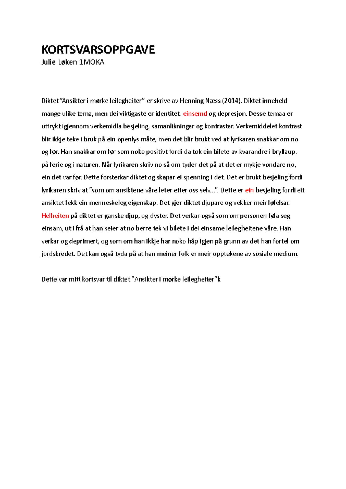 Kortsvarsoppgave norsk dikt analyse - Studocu