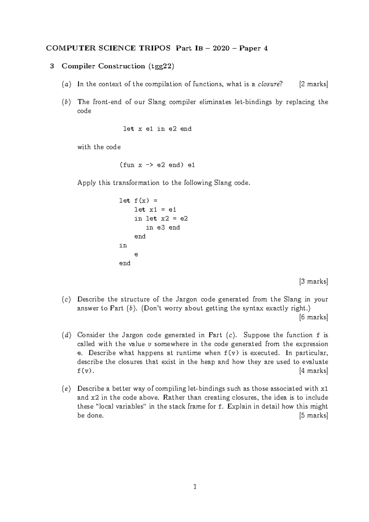 Y2020p4q3 Computer Science Exam 3 Computer Science Tripos Part Ib 2020 Paper 4 Compiler