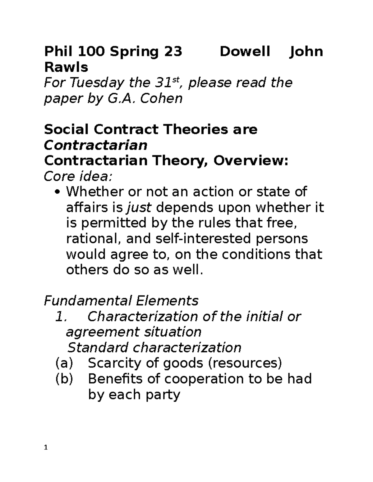 100Rawls 23 - Notes - Phil 100 Spring 23 Dowell John Rawls For Tuesday ...