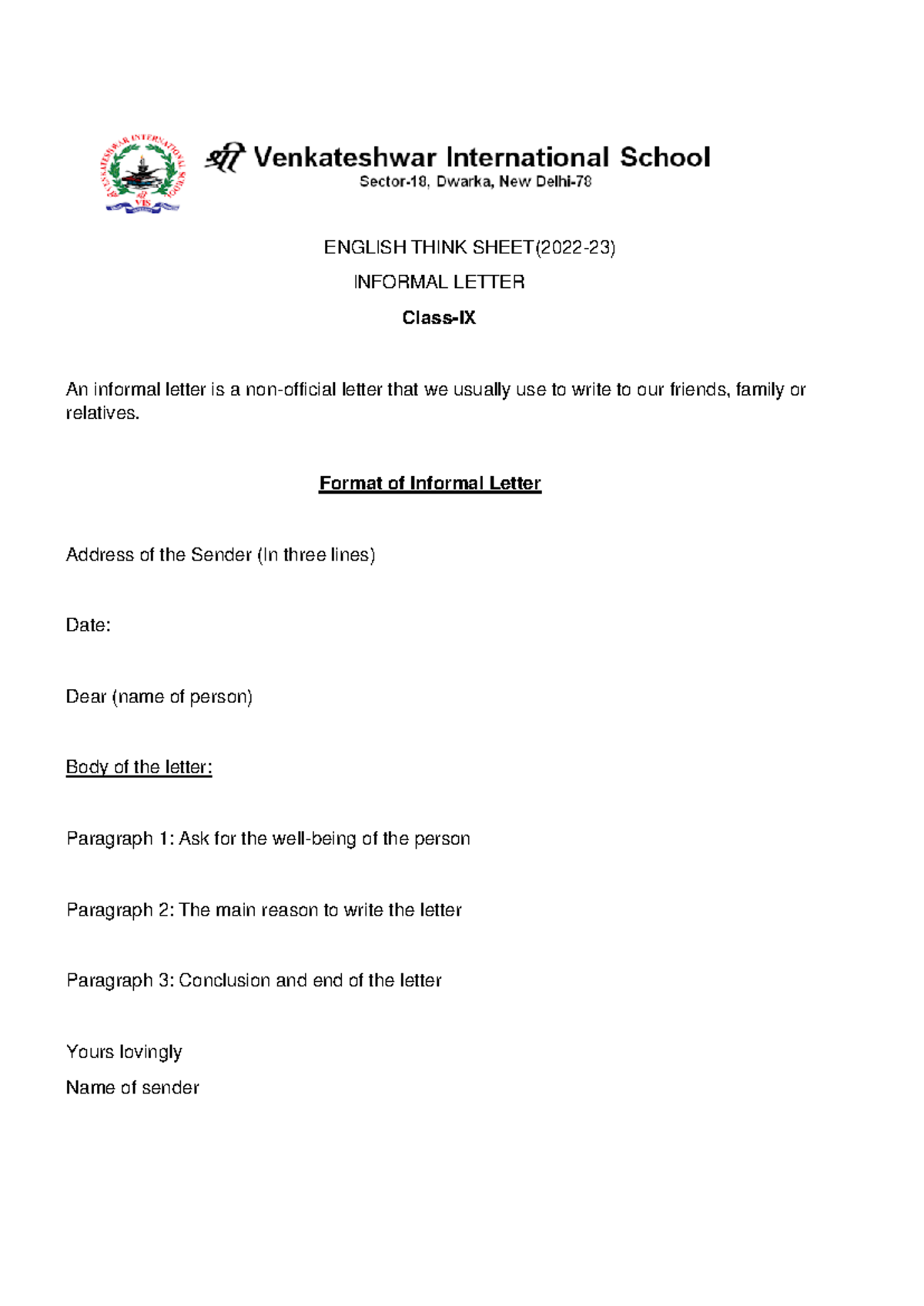 Informal letter Class IX - Computer Science SL - ENGLISH THINK SHEET ...