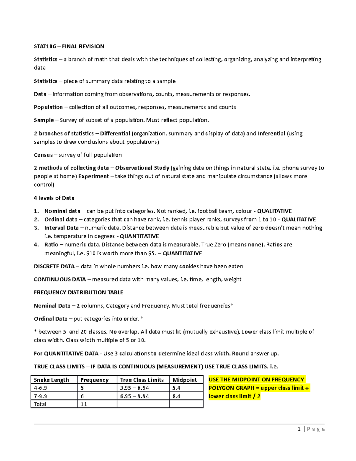 STAT 106 Final Revision Notes - STAT106 – FINAL REVISION Statistics – a ...