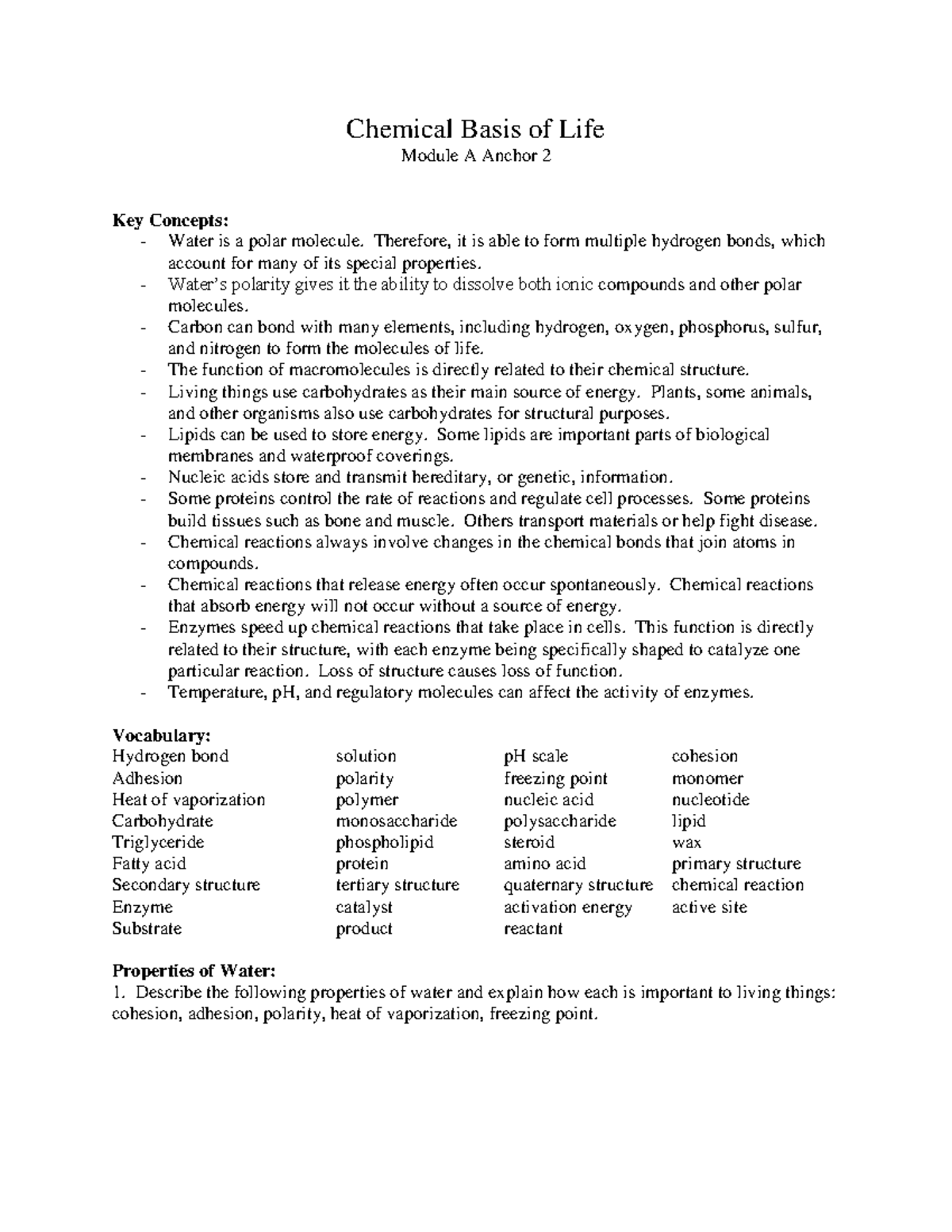 BIO Mod1 Chemical Basis of Life - Chemical Basis of Life Module A ...