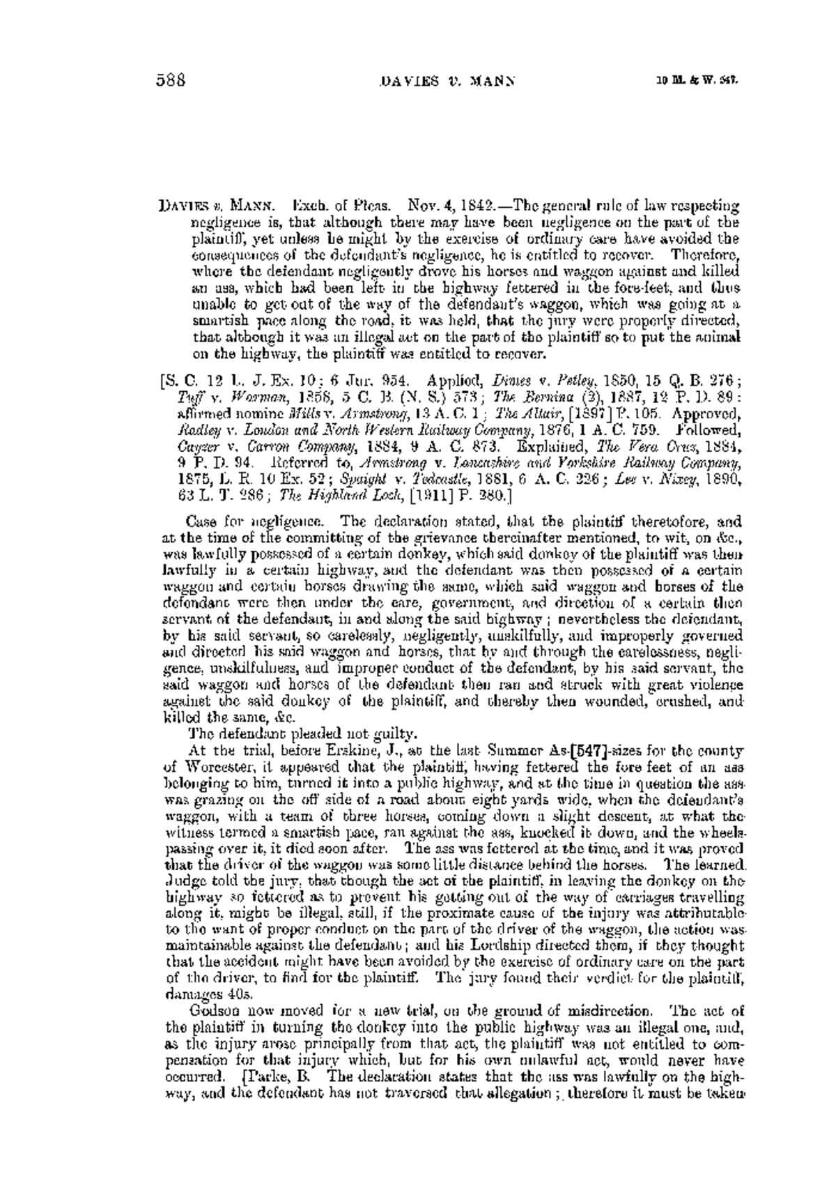 Davies v Mann (1842) 152 ER 588 - 588 DA VIES V. MANN 10M. &W. DAVIES v ...