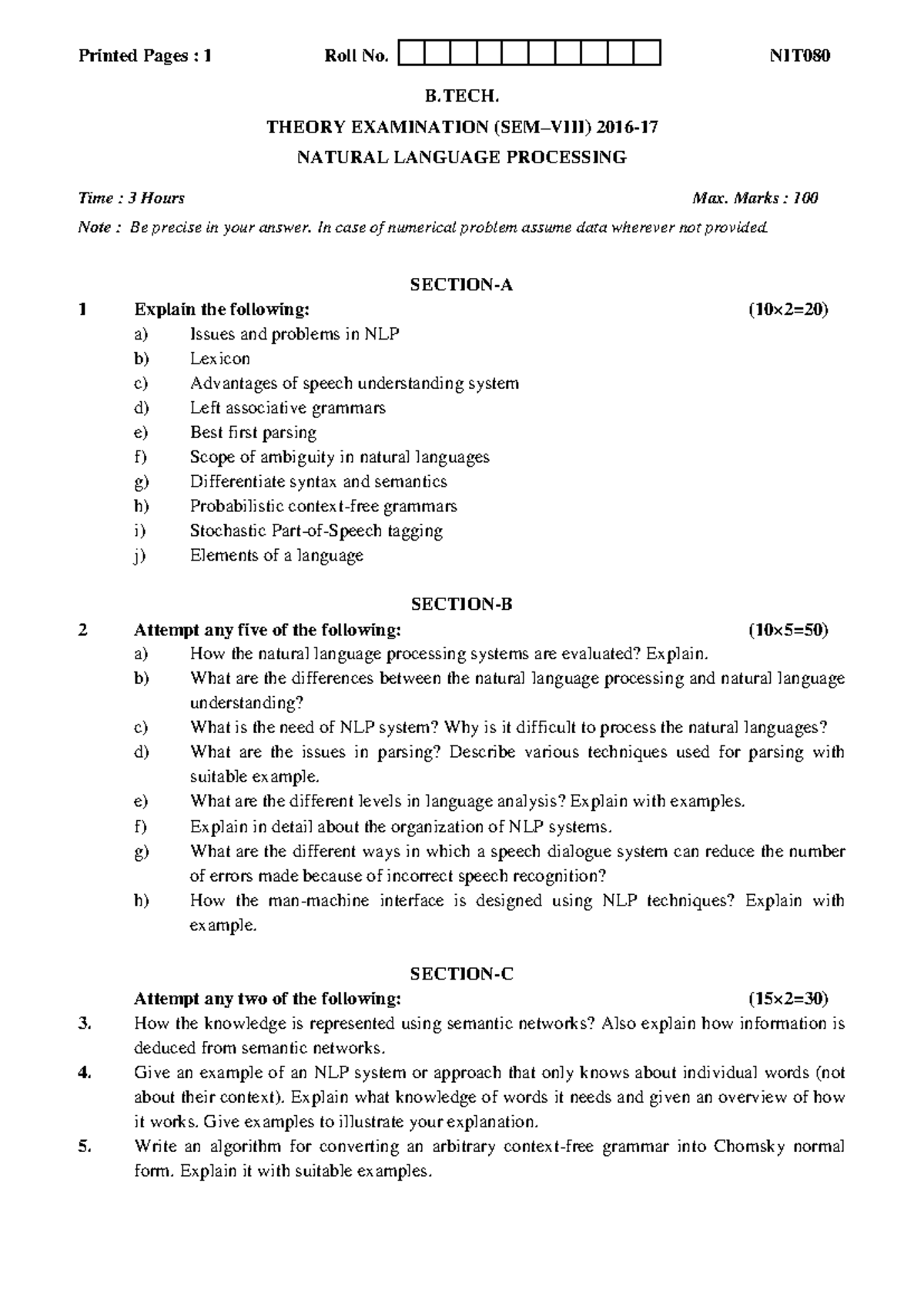 (2016-17) NLP (NIT-080) - Printed Pages : 1 Roll No. NIT B. THEORY ...