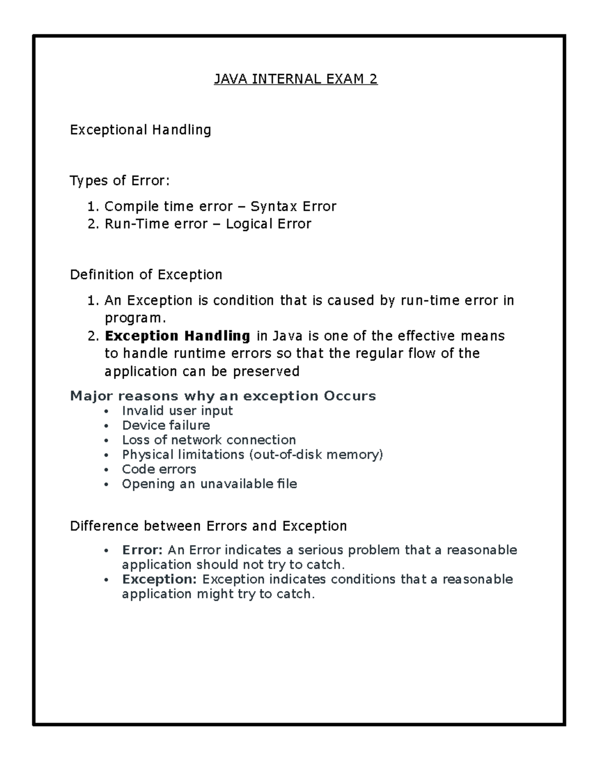 JAVA Internal EXAM 2 - JAVA INTERNAL EXAM 2 Exceptional Handling Types ...