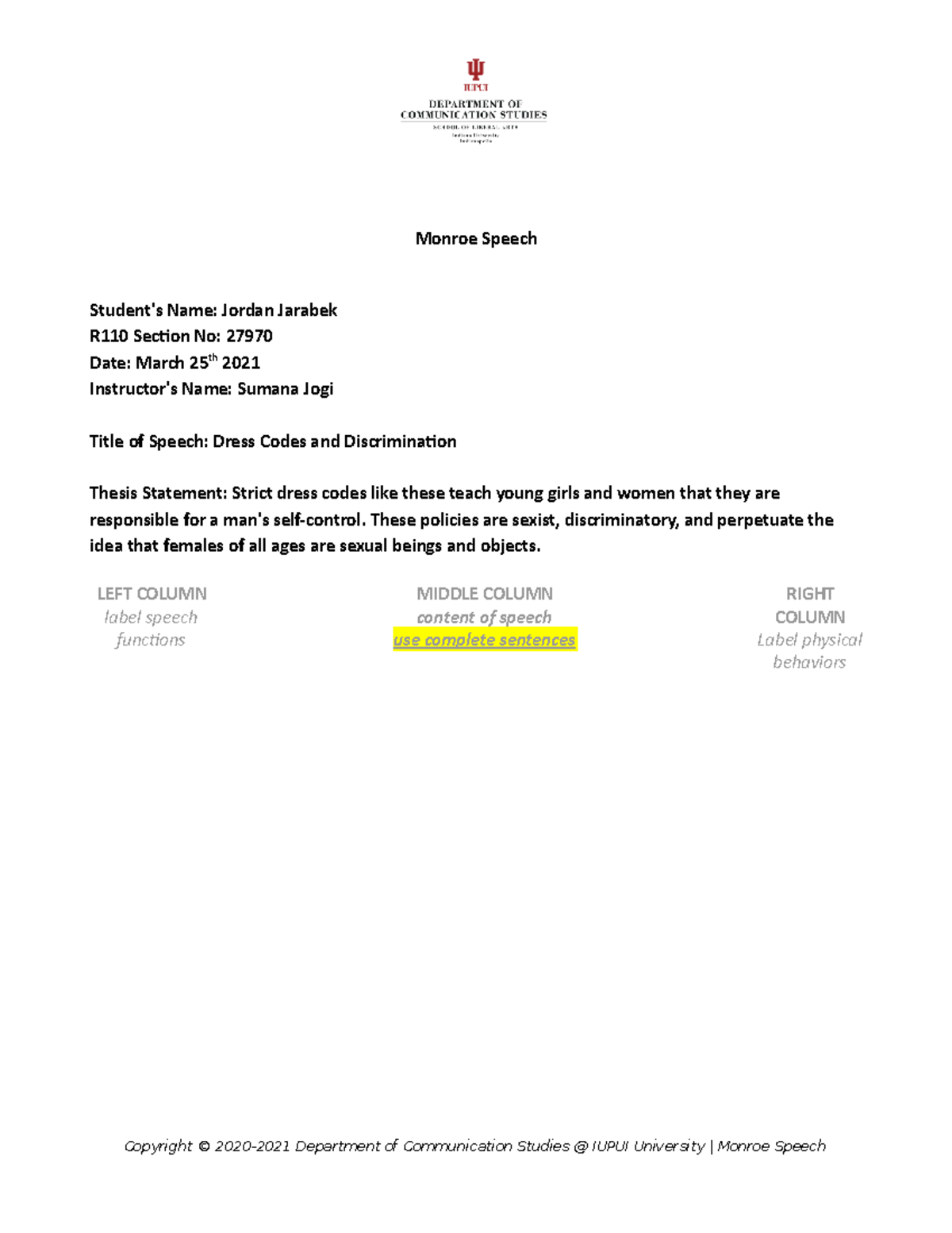 Monroe Speech Outline - Grade: B - Monroe Speech Student's Name: Jordan ...