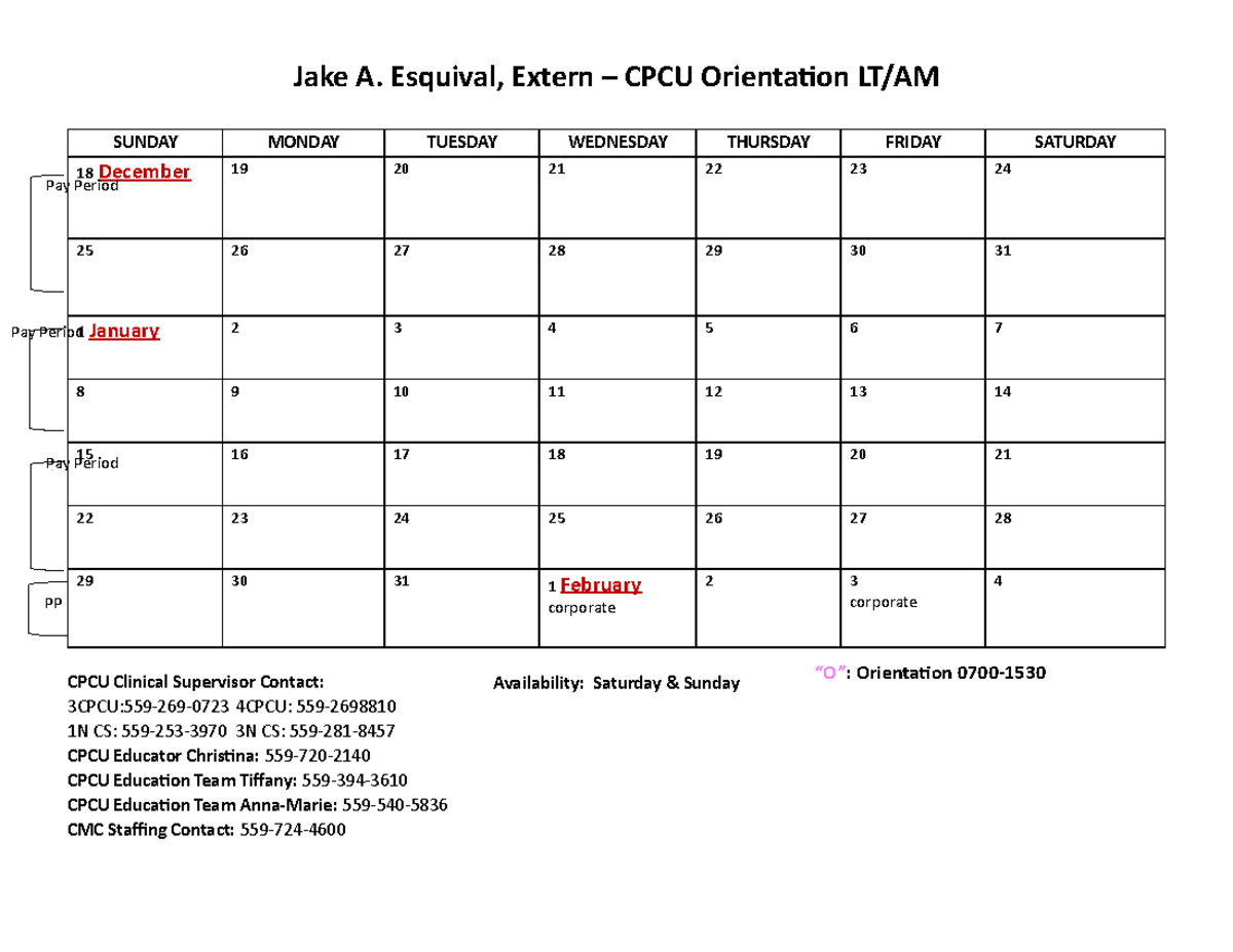 Extern RN T2 Jake Angelo Esquival Orientation schedule - SUNDAY MONDAY ...