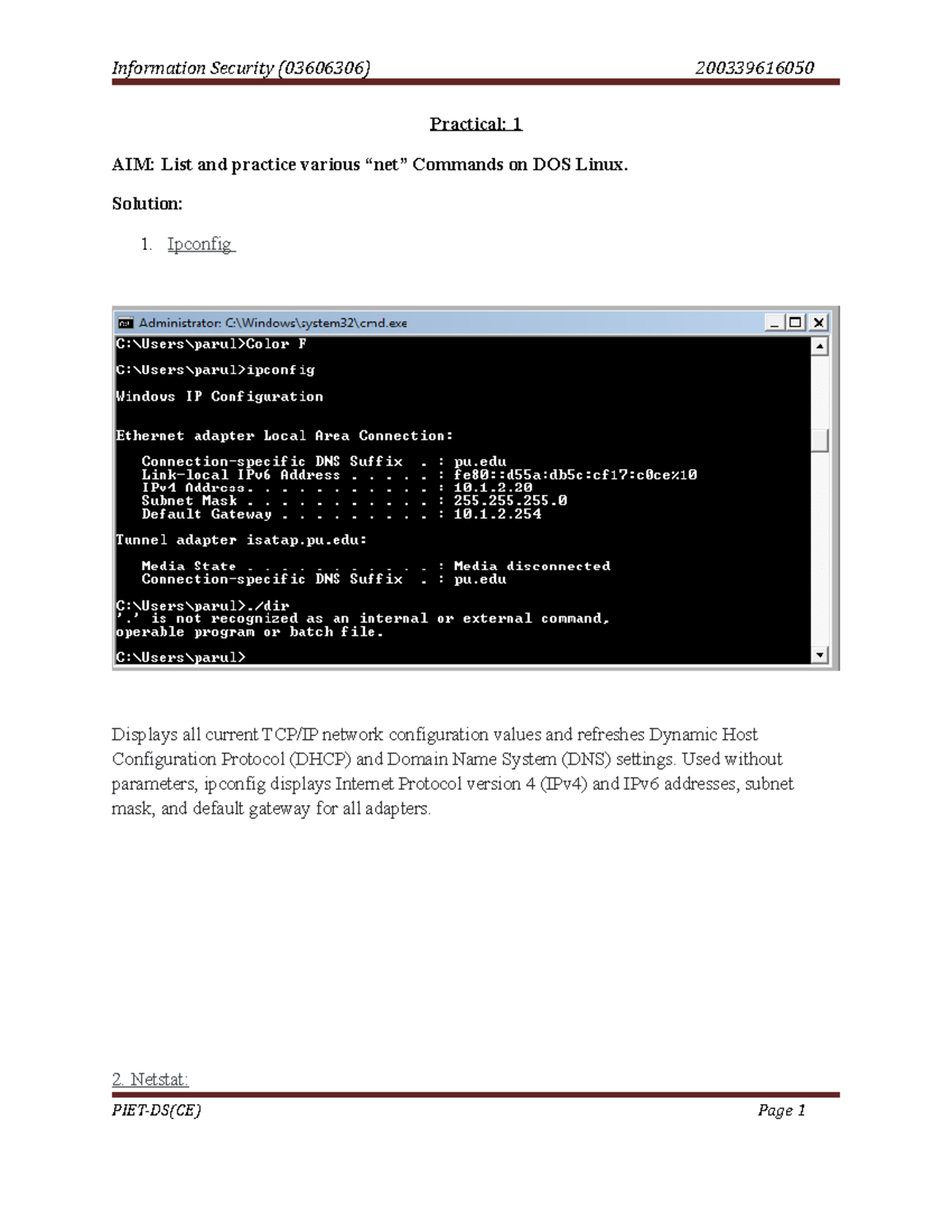 Is Pracs Information Security Practicals Practical 1 Aim List And Practice Various Net