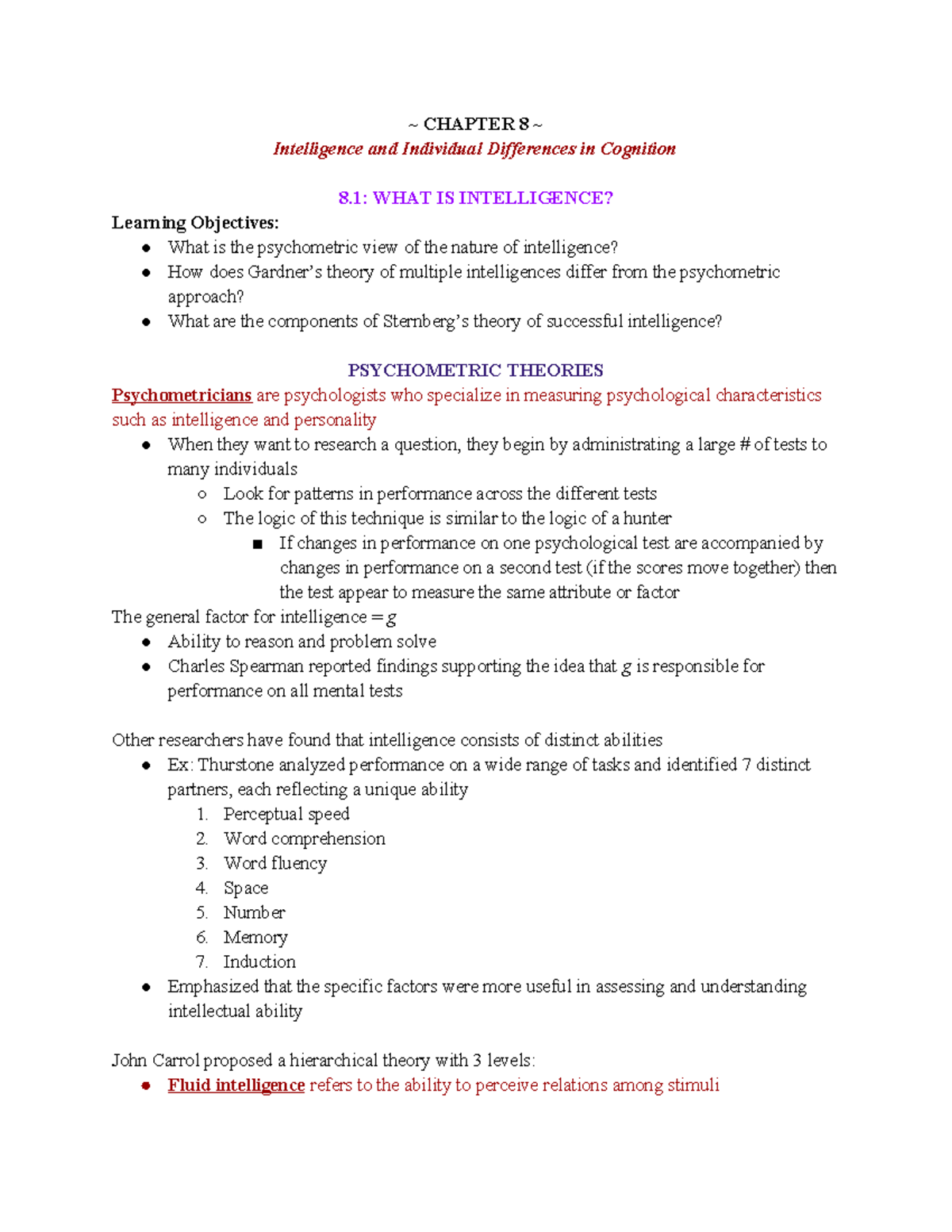 Chapter 8 - Textbook Notes - ~ CHAPTER 8 ~ Intelligence and Individual ...