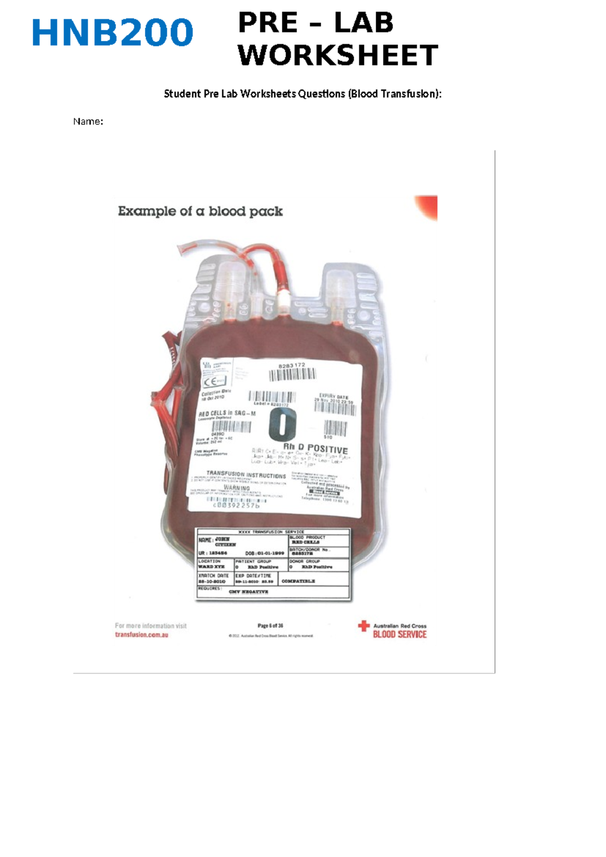 HNB2003 Pre-Lab 5 Worksheet BT - PRE – LAB WORKSHEET LAB 5 HNB 3 ...
