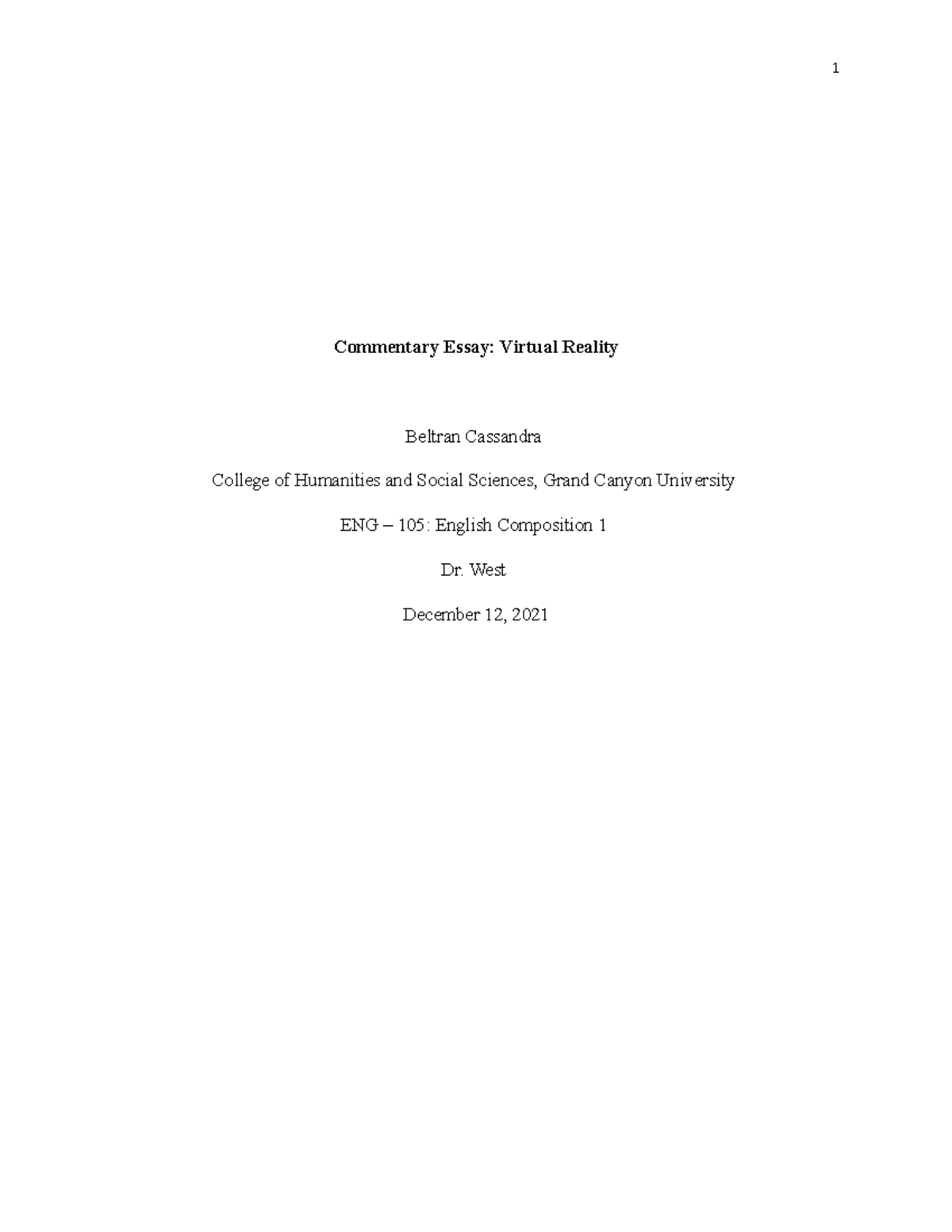 Commentary Rough Draft - Commentary Essay: Virtual Reality Beltran ...
