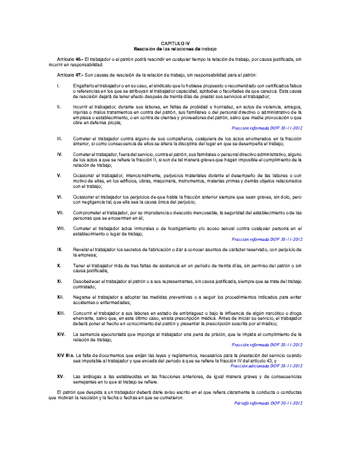 Ley - Ley federal del trabajo - CAPITULO IV Rescisión de las relaciones de trabajo Artículo 46 ...