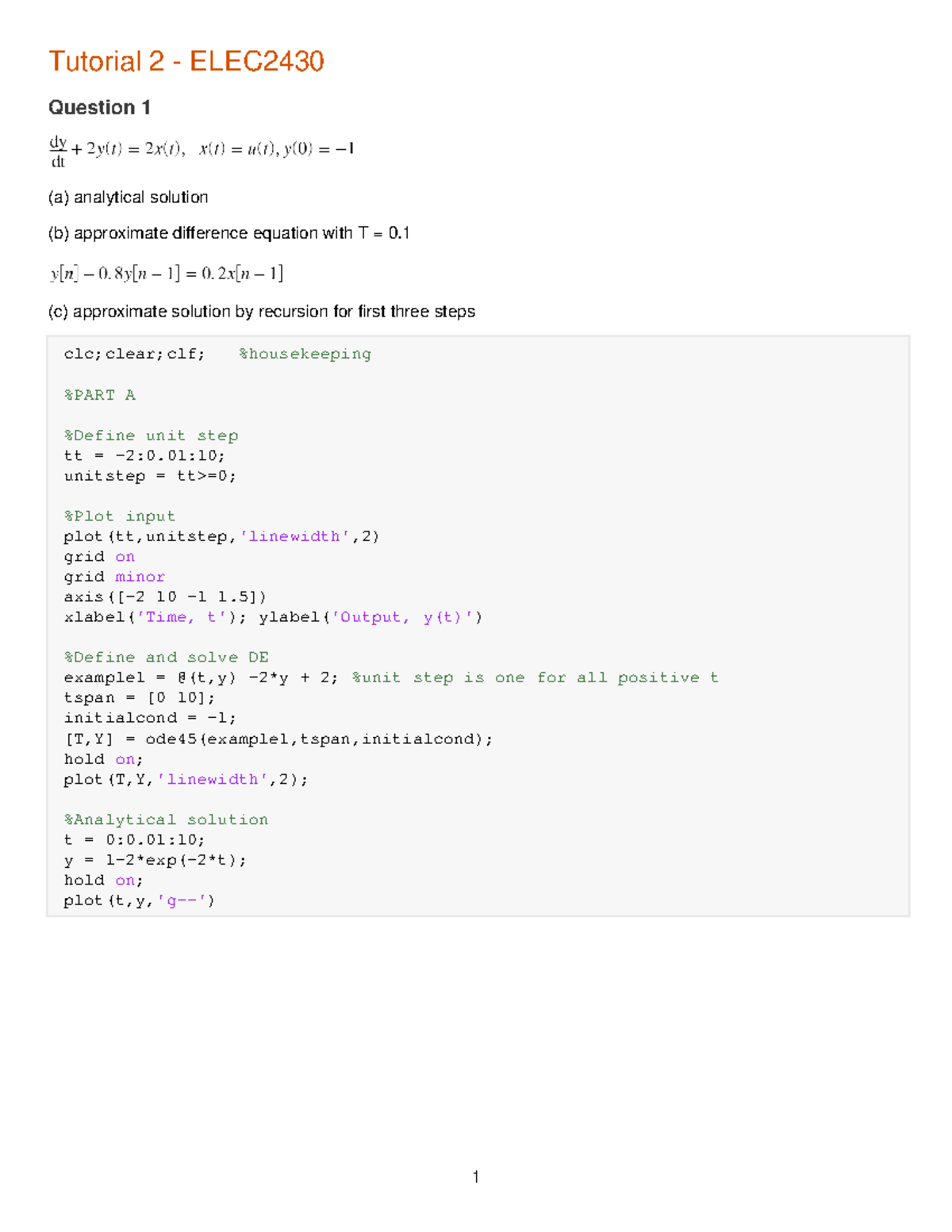 ELEC2430 Tutorial 2 - Tutorial 2 - ELEC Question 1 (a) analytical solution (b) approximate - Studocu