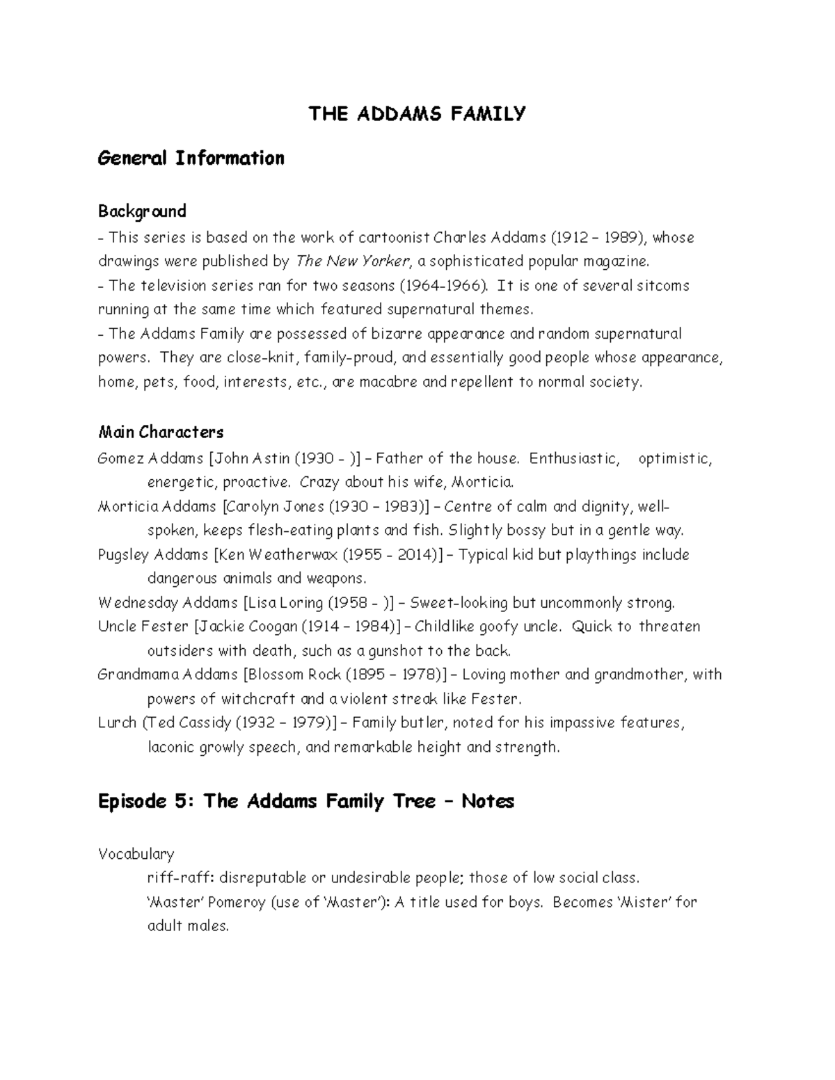 Addams Family notes - THE ADDAMS FAMILY General Information Background ...