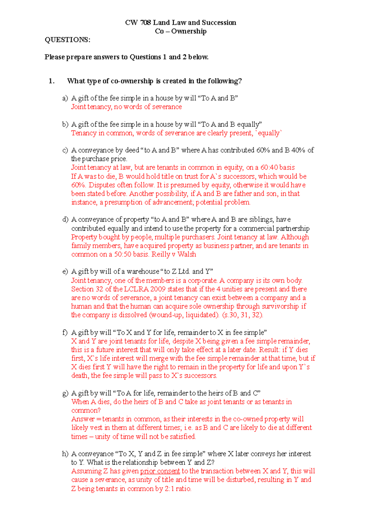 Co-Ownership Tutorial 161 - CW 708 Land Law and Succession Co ...