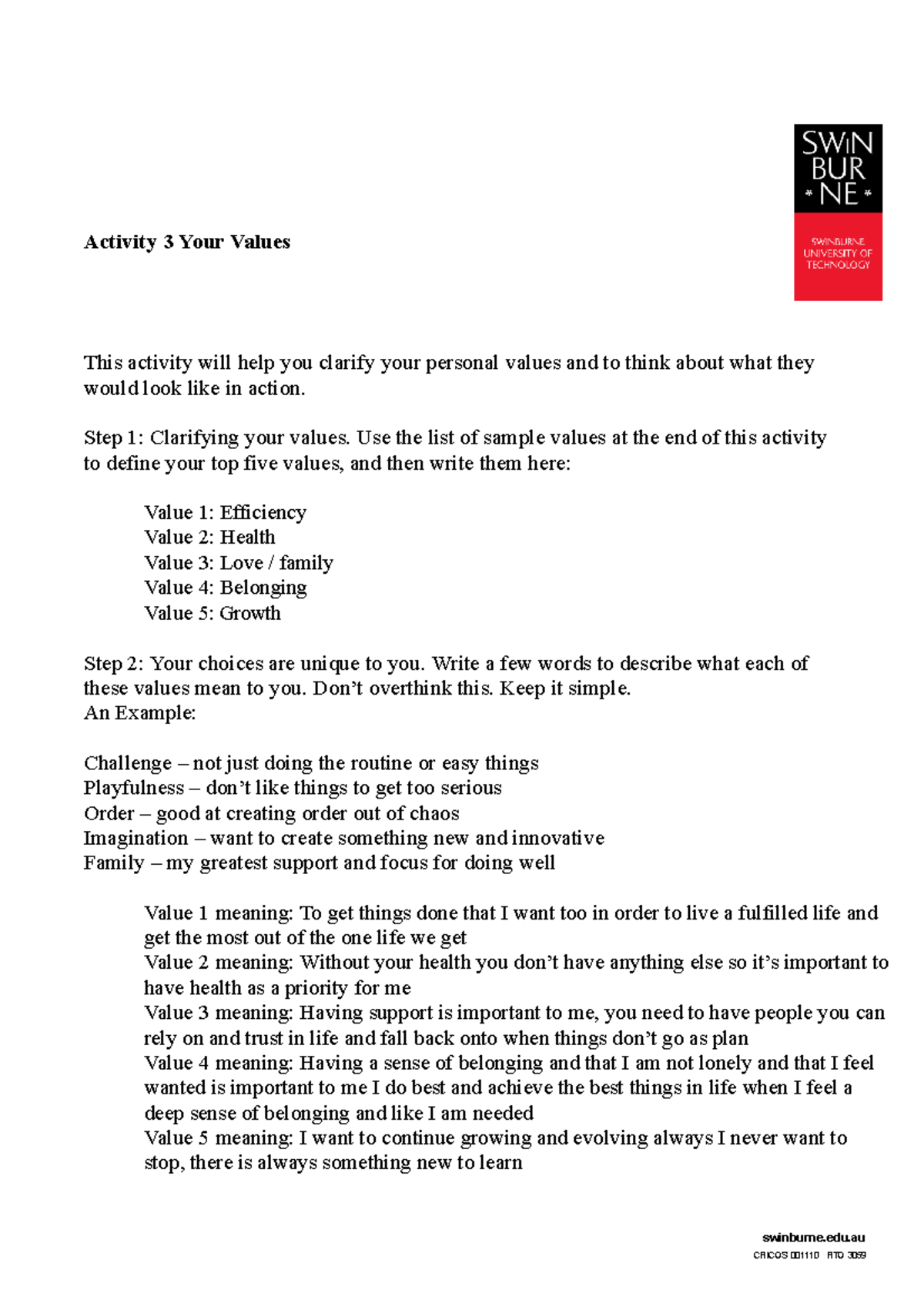 Activity 3 Your Values plain text - Activity 3 Your Values This ...