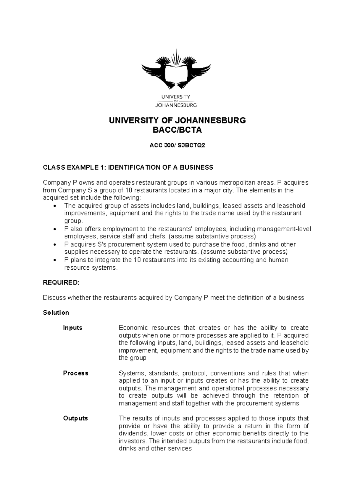 Class Example 1 - UNIVERSITY OF JOHANNESBURG BACC/BCTA ACC 300/ S3BCTQ CLASS EXAMPLE 1: - Studocu