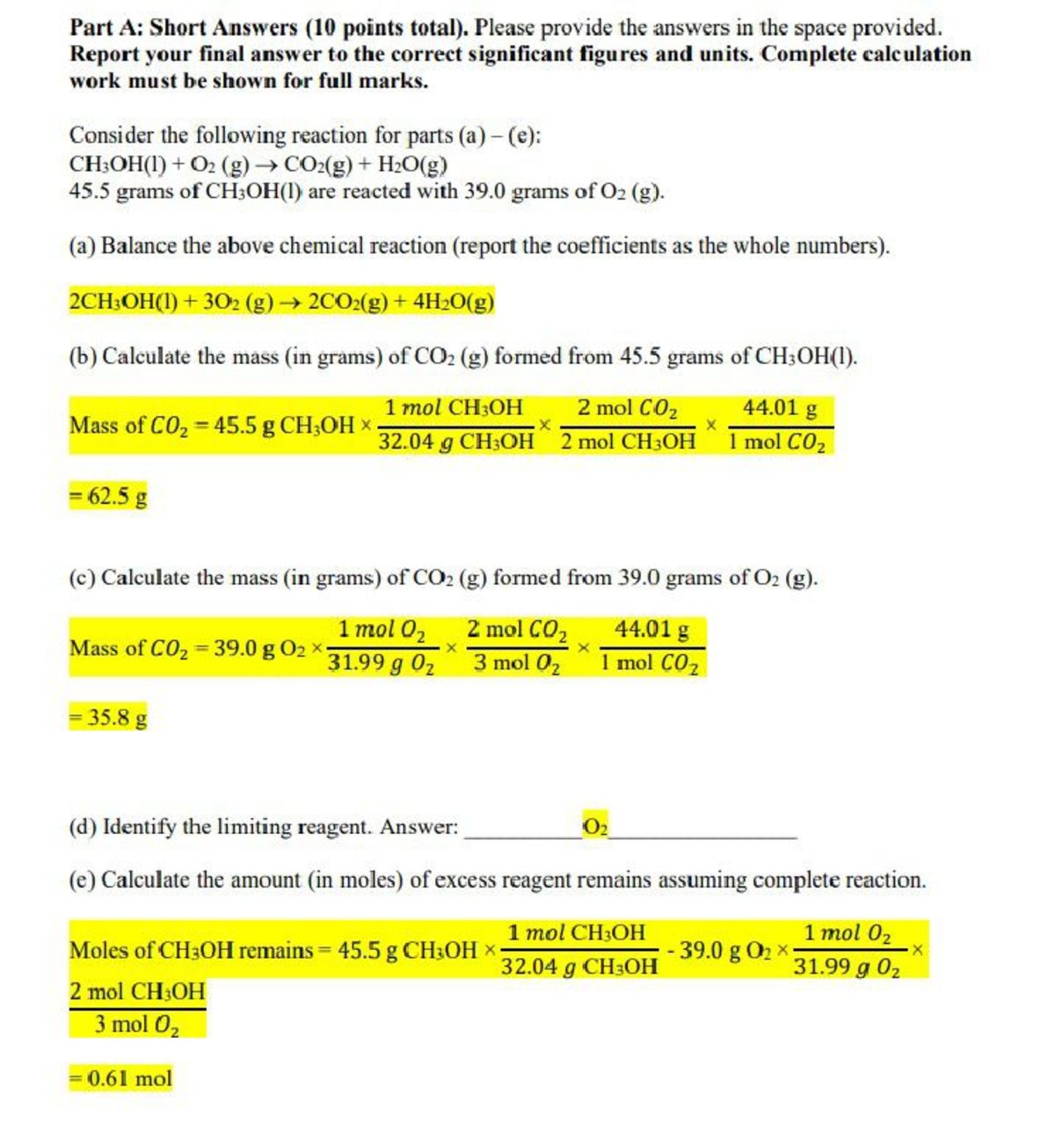 Chemistry Midterm Example - Part A: Short Answers (10 points total ...