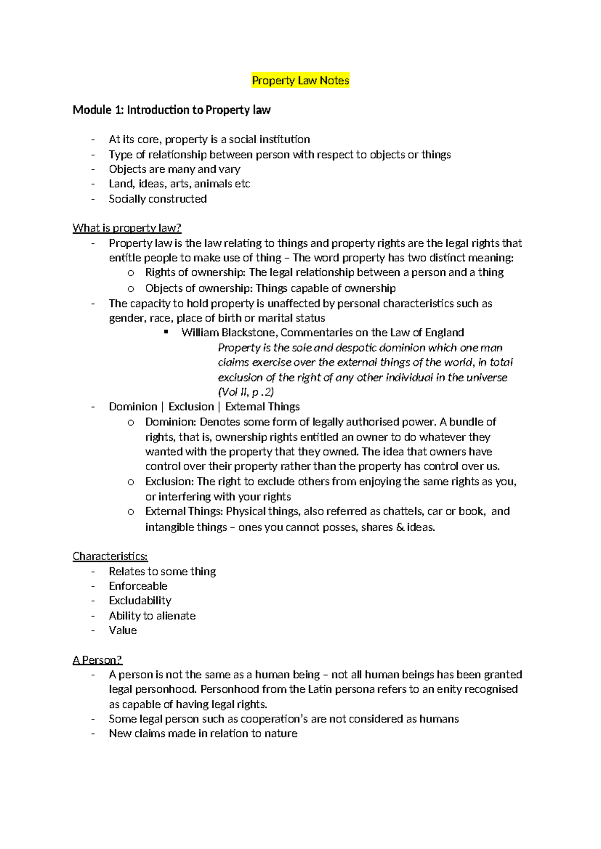 Property Law Notes - Property Law Notes Module 1: Introduction to ...
