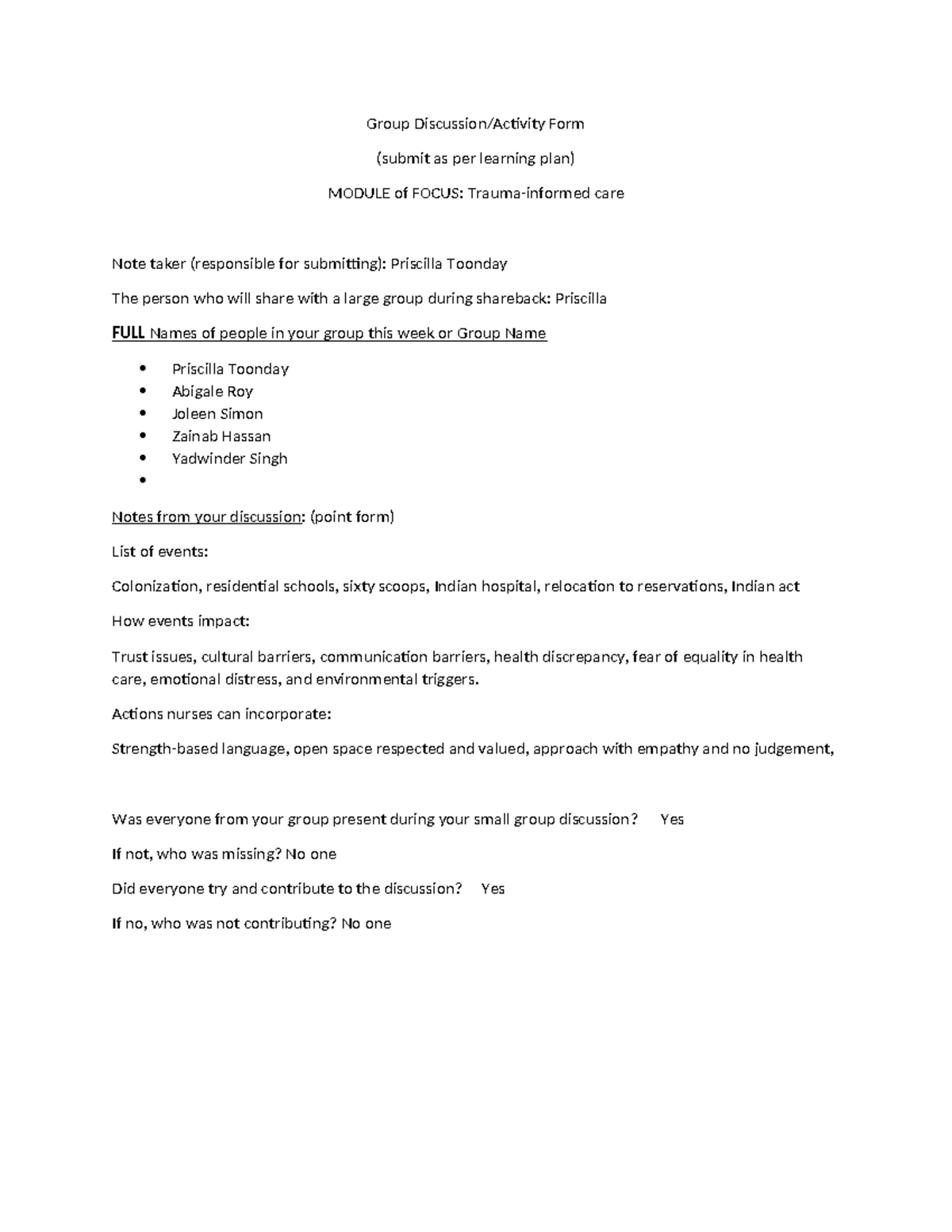 Group Discussion-Activity Form March 6th - Group Discussion/Activity ...