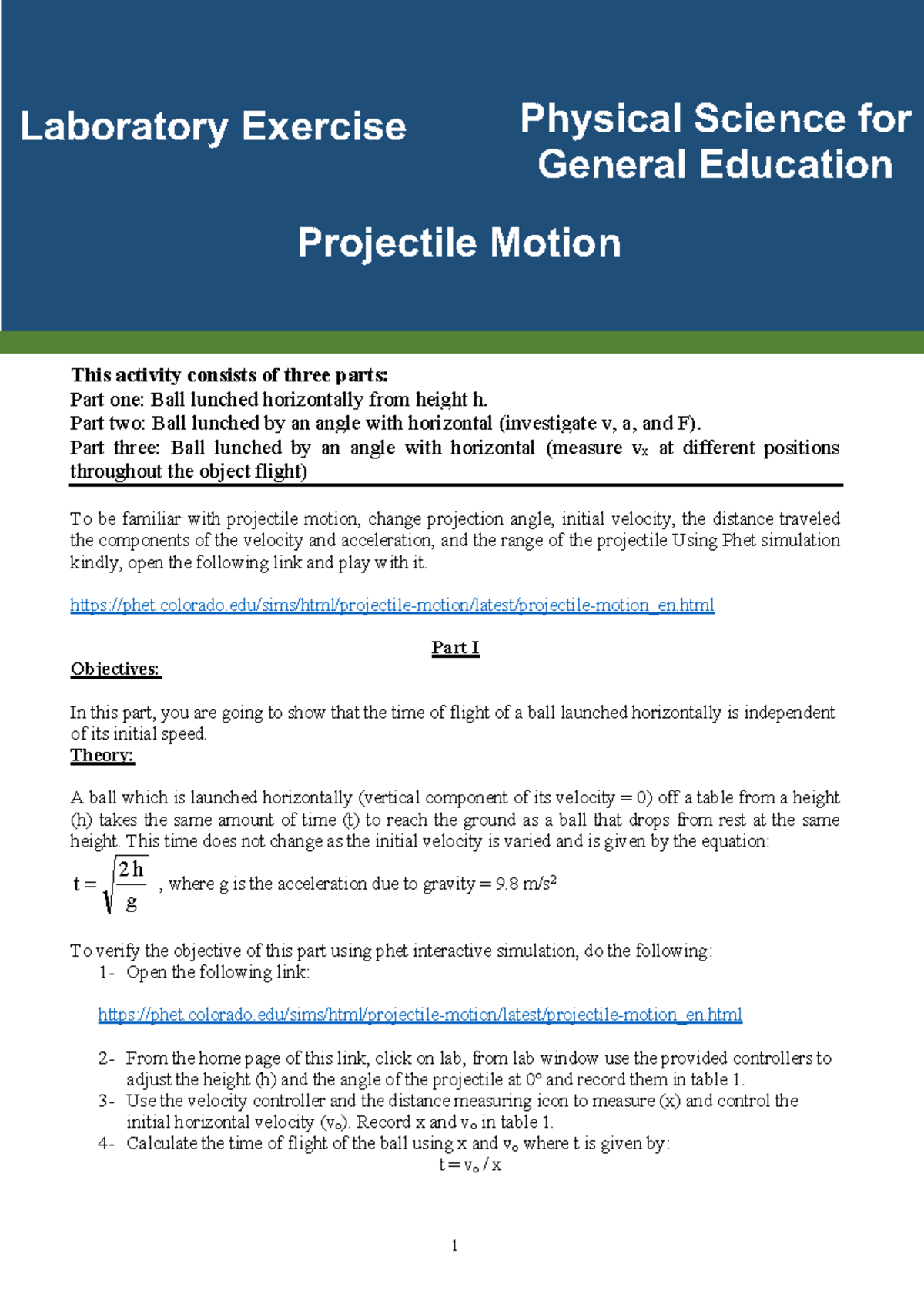 Lab #3, Projectile Motion - This activity consists of three p arts ...