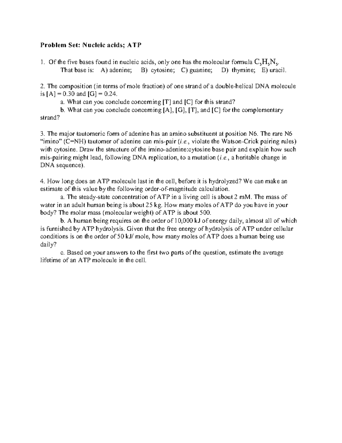 Seminar assignments, Questions - Problem Set Nucleic Acids, ATP rn - Problem Set: Nucleic acids ...