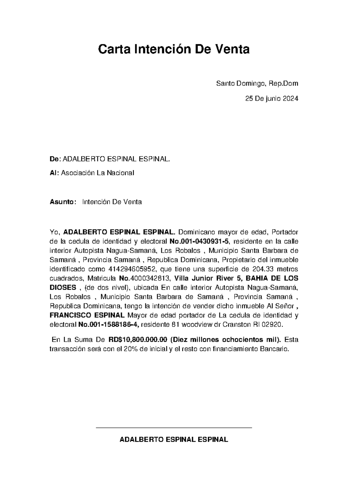 Carta De Intencion De Venta docx - Carta Intención De Venta Santo Domingo, Rep 25 De junio 2024 ...