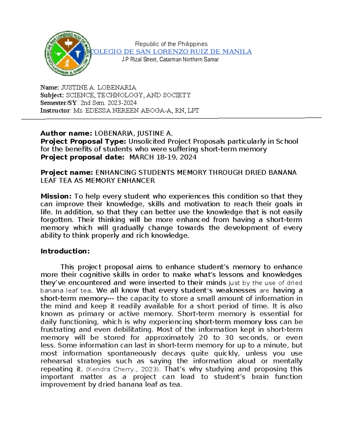 STS project proposal - Republic of the Philippines COLEGIO DE SAN LORENZO RUIZ DE MANILA J Rizal ...