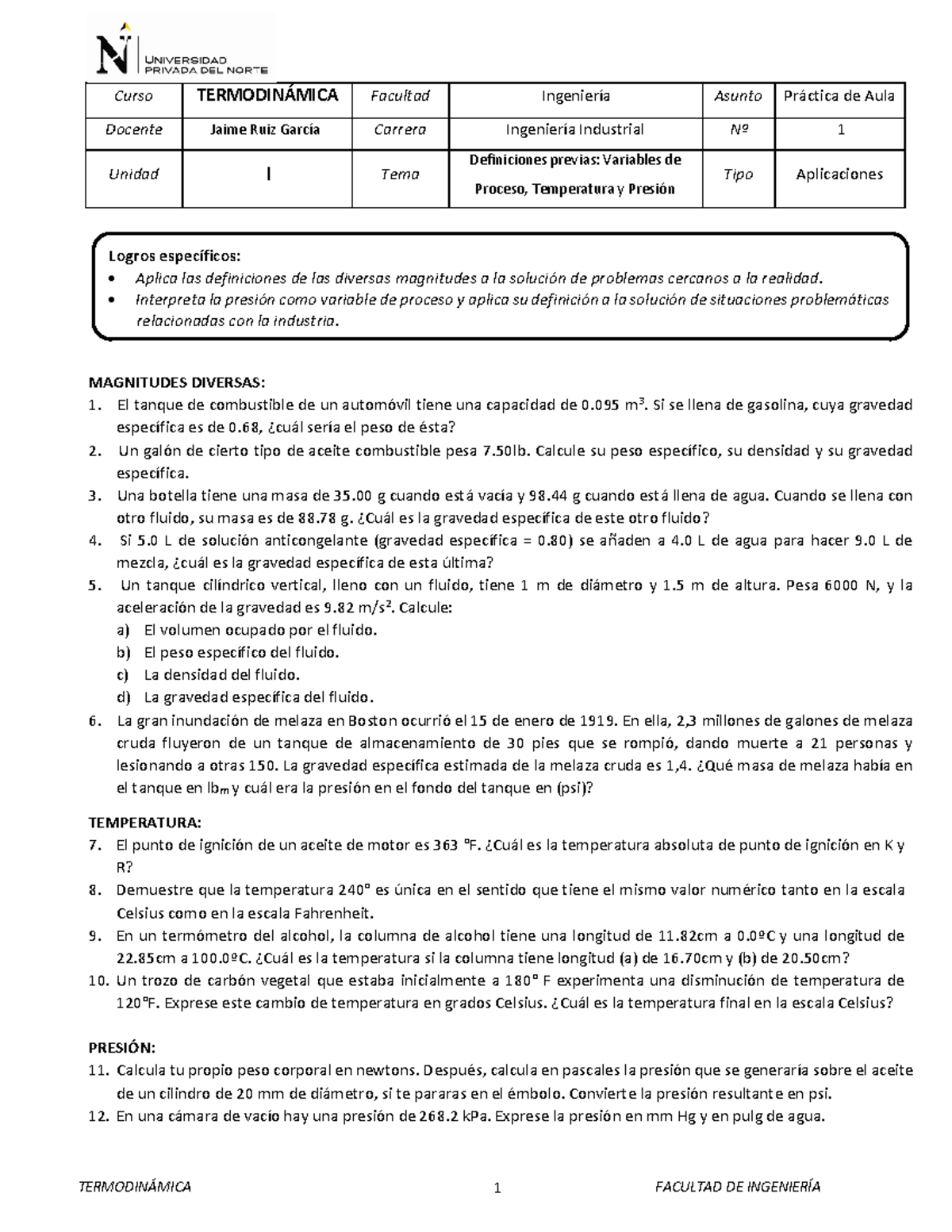 S1 Práctica DE AULA - dasasd - TERMODINÁMICA 1 FACULTAD DE INGENIERÍA ...