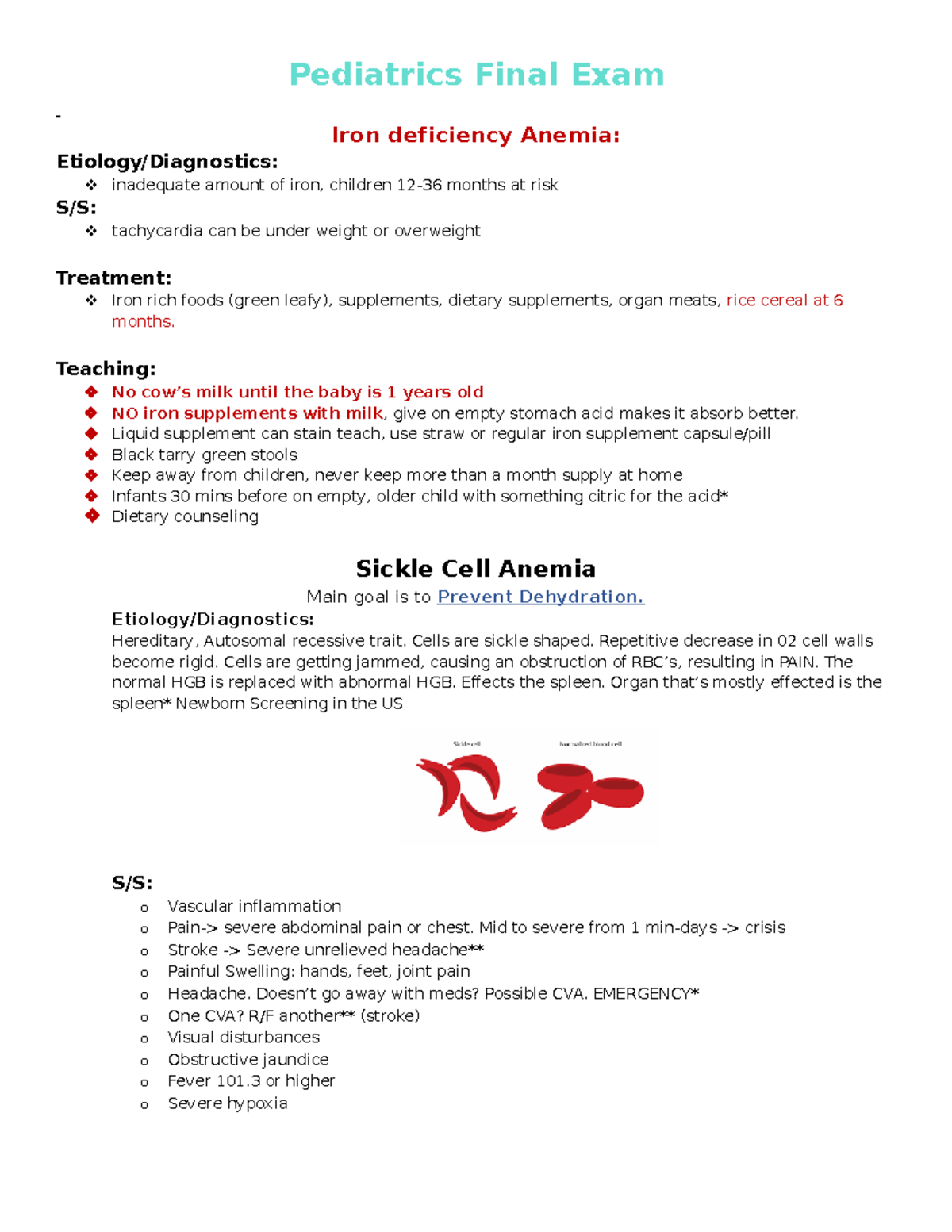 Final Exam Peds study guide - Pediatrics Final Exam Iron deficiency ...