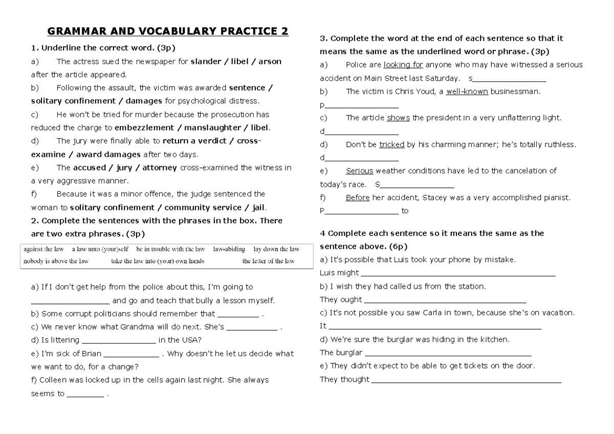 Grammar and Vocabulary Practice 2 - GRAMMAR AND VOCABULARY PRACTICE 2 1 ...