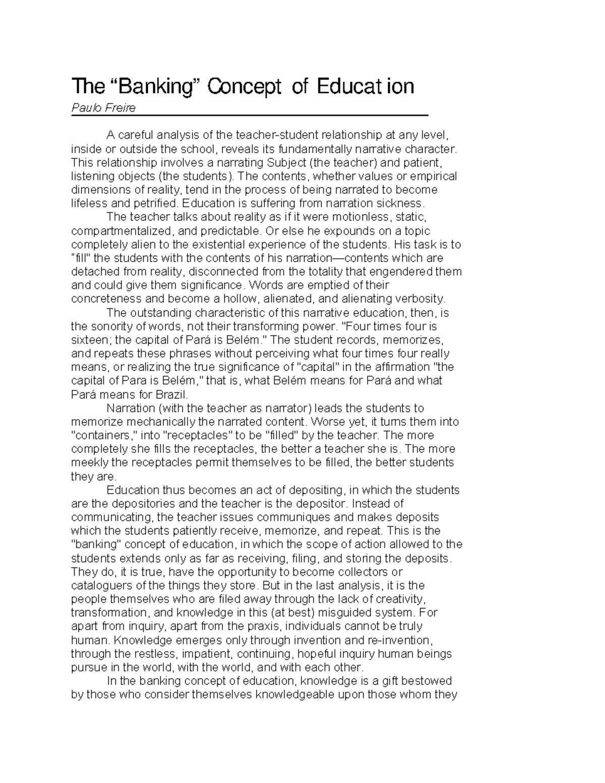 Freire banking concept - The “Banking” Concept of Educat ion Paulo ...