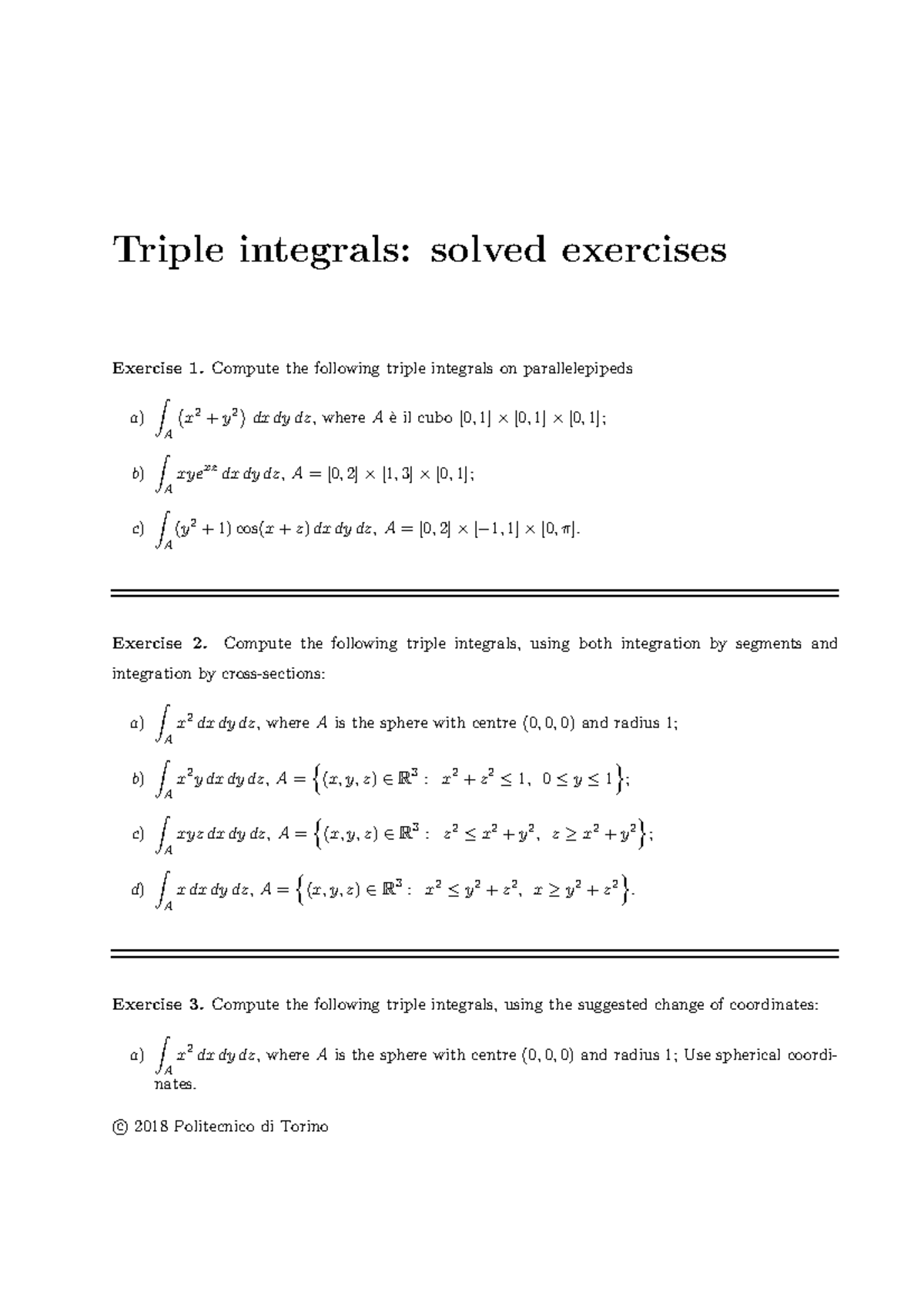 1. Solved exercises of triples and double integrals - Analisi ...