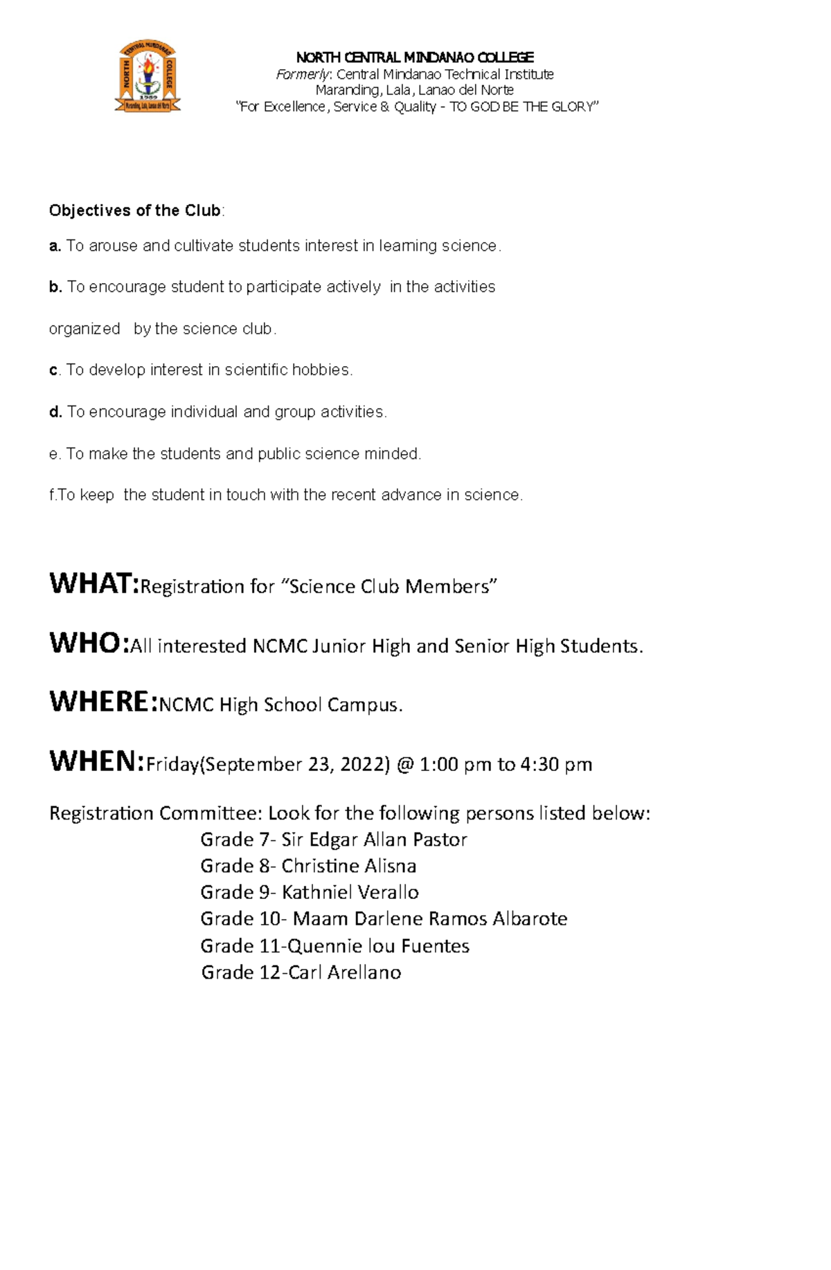 Attention- Registration OF Science CLUB Members - NORTH CENTRAL ...