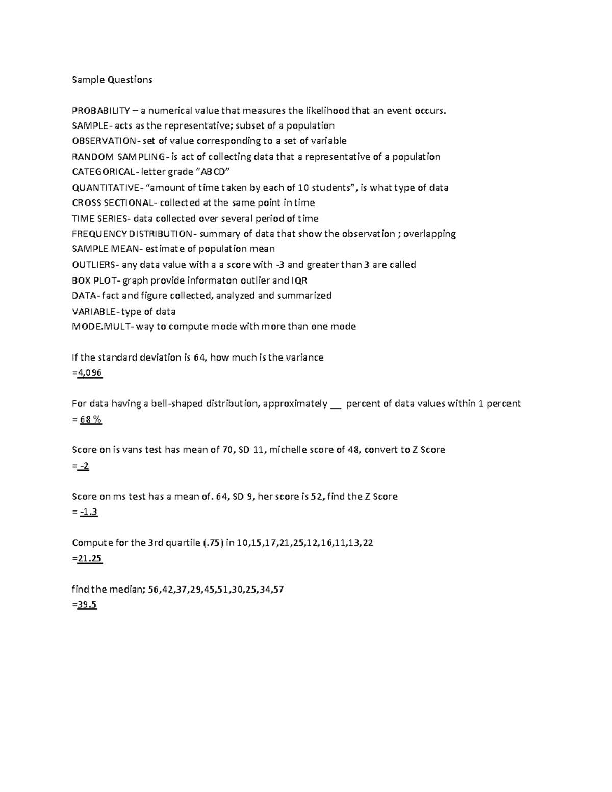 Bus stat sample ques - Sample Questions PROBABILITY – a numerical value ...