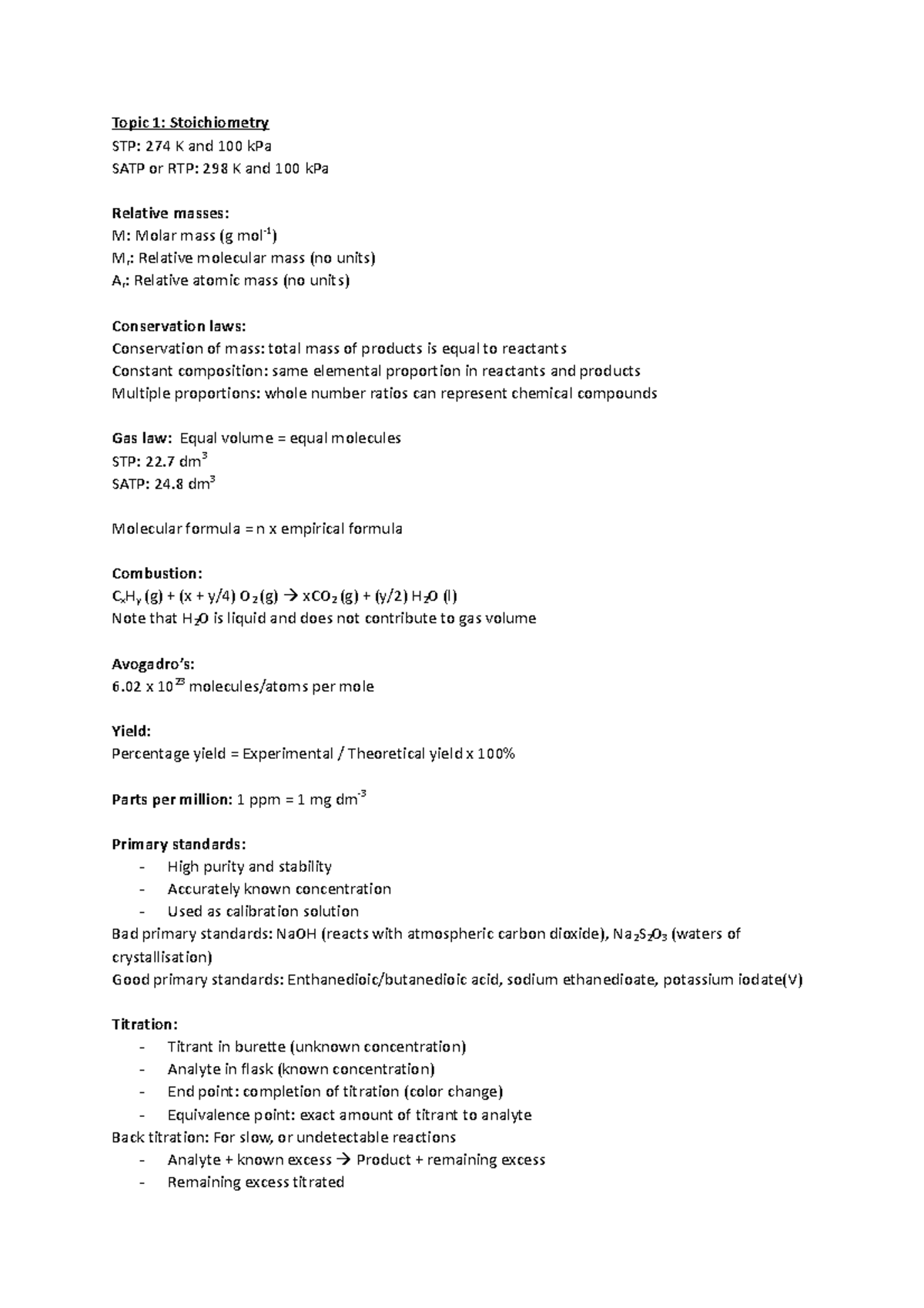 IB Chemistry - Topic 1: Stoichiometry STP: 274 K and 100 kPa SATP or ...