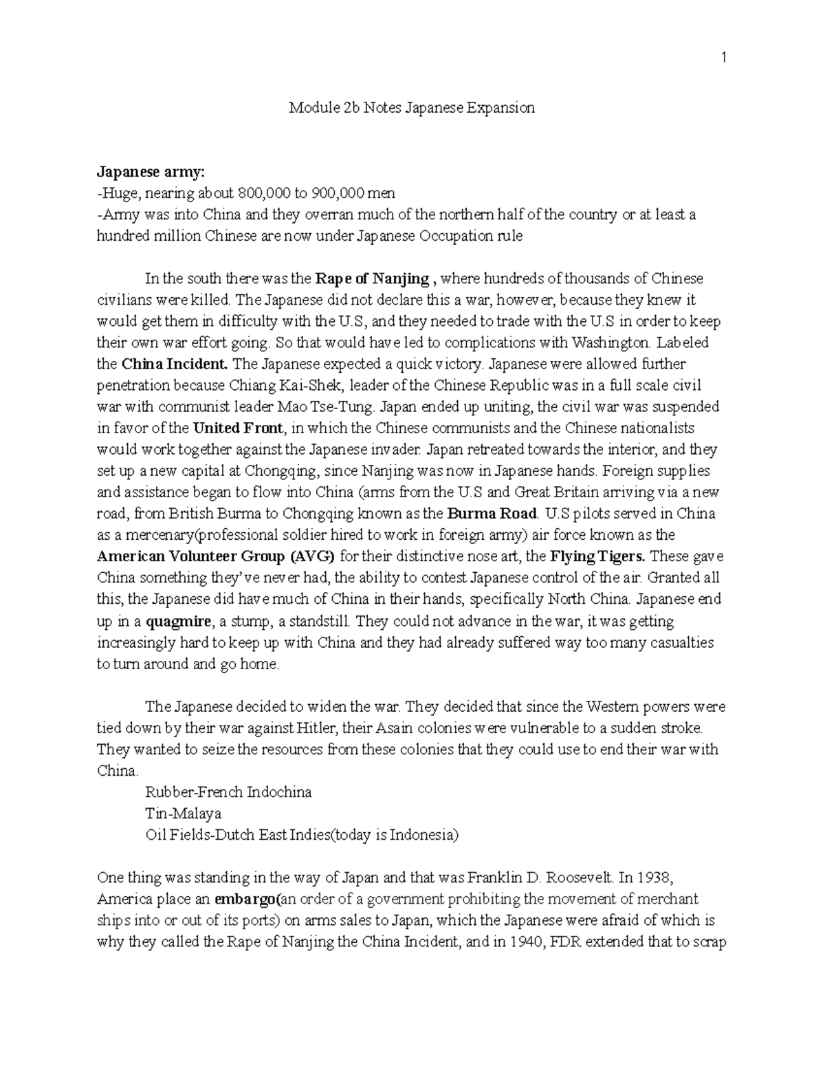 WW2 Mod. 2b Notes - 1 Module 2b Notes Japanese Expansion Japanese army ...