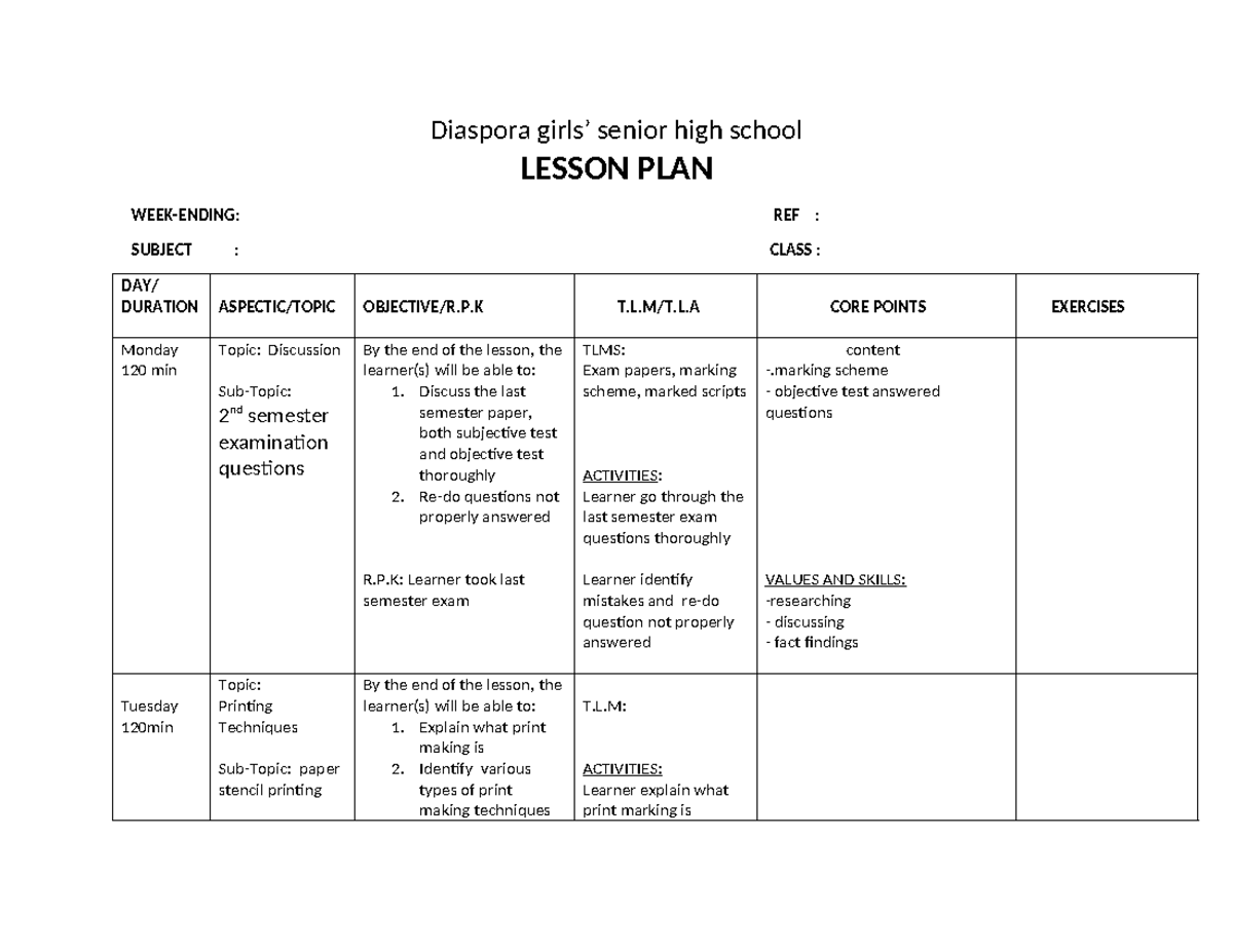 Lesson PLAN Template - Diaspora girls’ senior high school LESSON PLAN ...