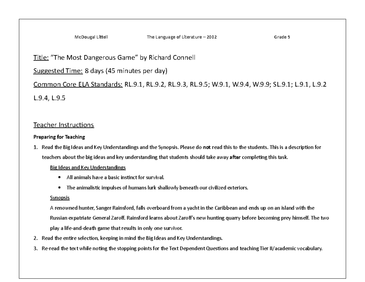 Grade 9 The Most Dangerous Game ML - Title: “The Most Dangerous Game ...