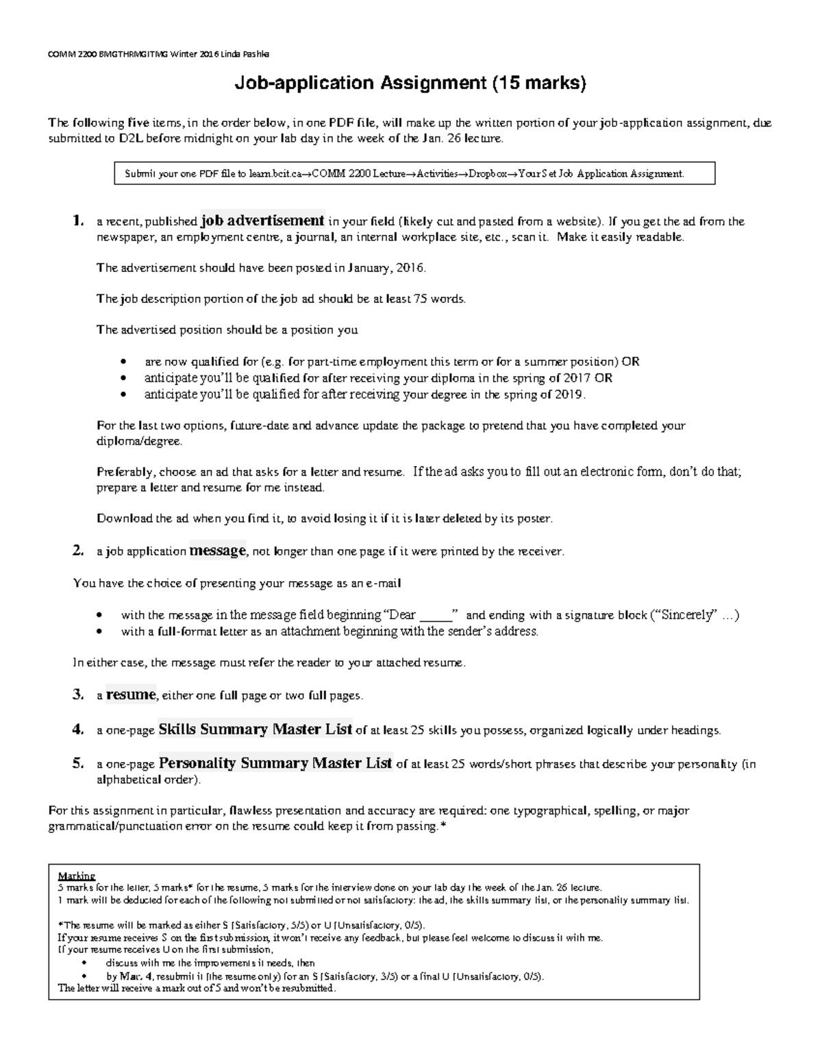 Job Application Assignment - COMM 2200 BMGTHRMGITMG Winter 2016 Linda ...