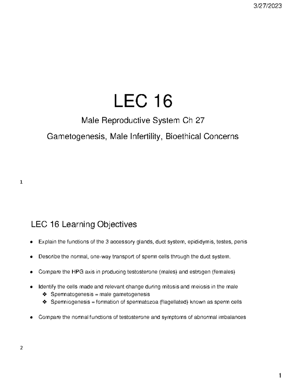 LEC 16 Male Reprod System (2 Slides Per Page) - LEC 16 Male Reproductive System Ch 27 ...