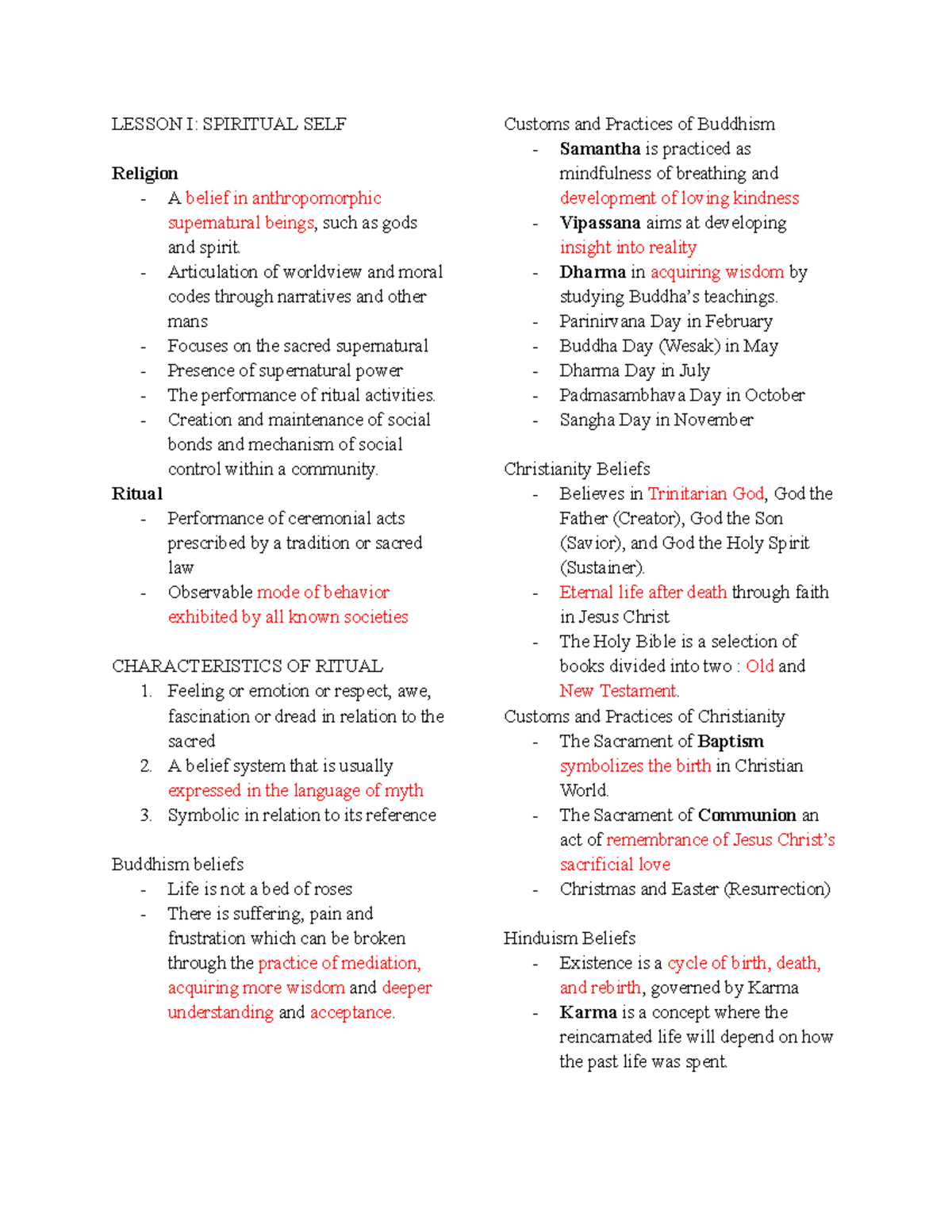 Understanding the Self (UTS) Final Notes - LESSON I: SPIRITUAL SELF ...