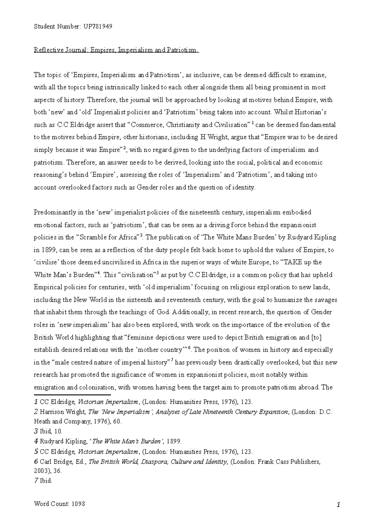 HM - Reflective Journal - Reflective Journal: Empires, Imperialism and ...