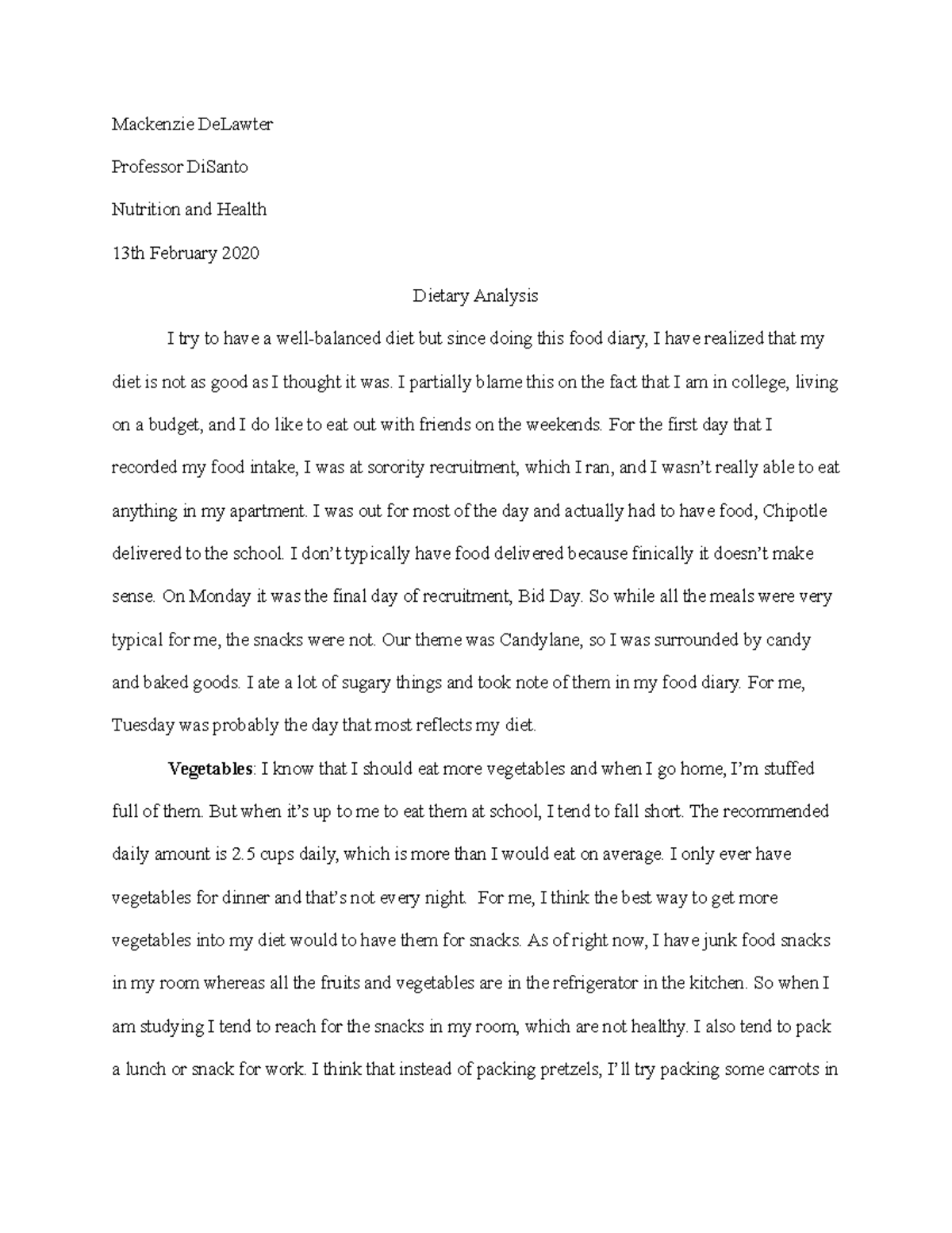 Nutritional Analysis Paper Mackenzie DeLawter Professor DiSanto