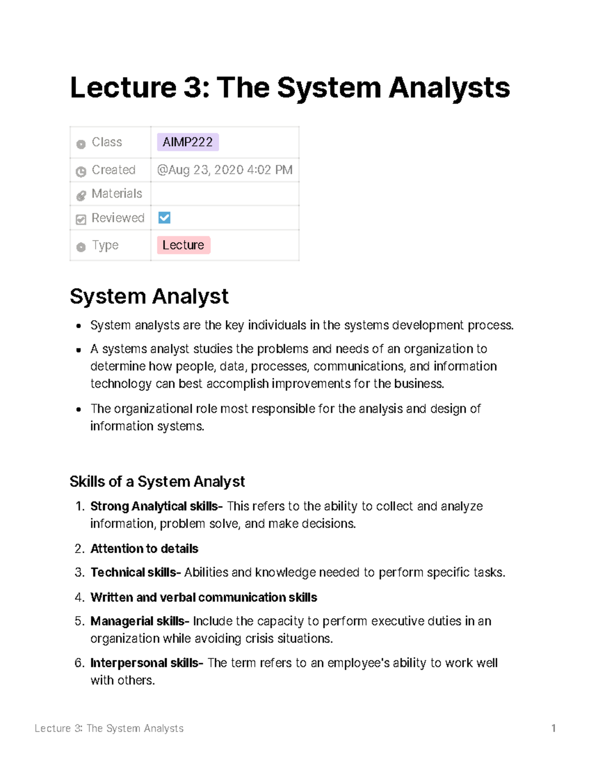 Lecture 3 The System Analysts - Lecture 3: The System Analysts Class ...