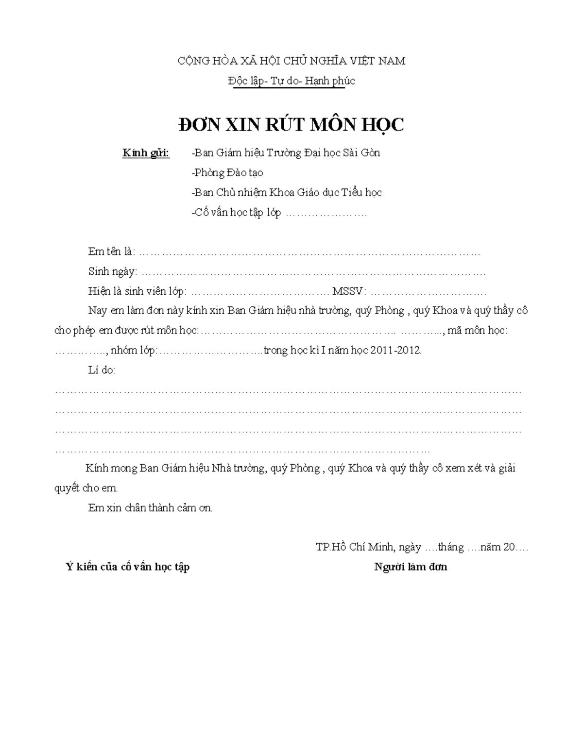 Don Xin Rut Mon Hoc - CỘNG HÒA XÃ HỘI CHỦ NGHĨA VIỆT NAM Độc lập- Tự do ...