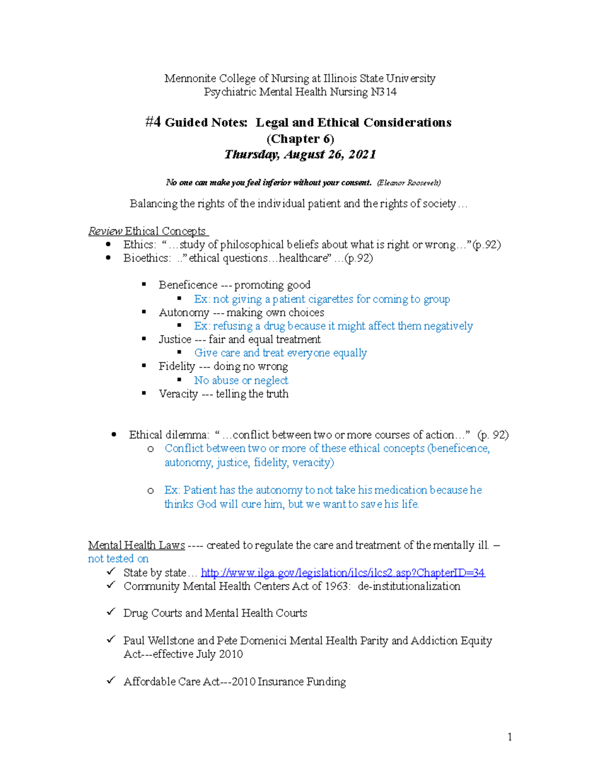 Fa21 Notes 4 Legal-Ethical - Mennonite College of Nursing at Illinois ...