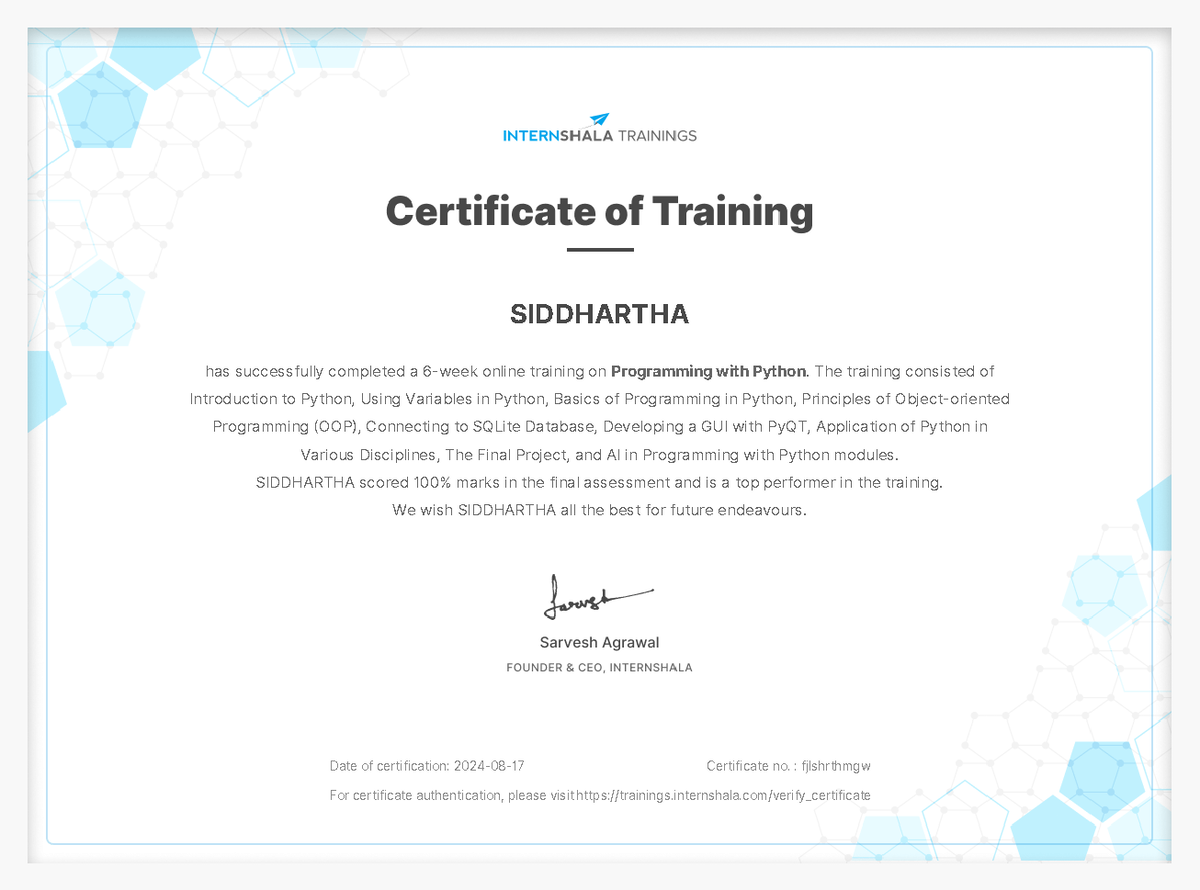 Programming with Python Training - Certificate of Completion - SIDDHARTHA has successfully ...