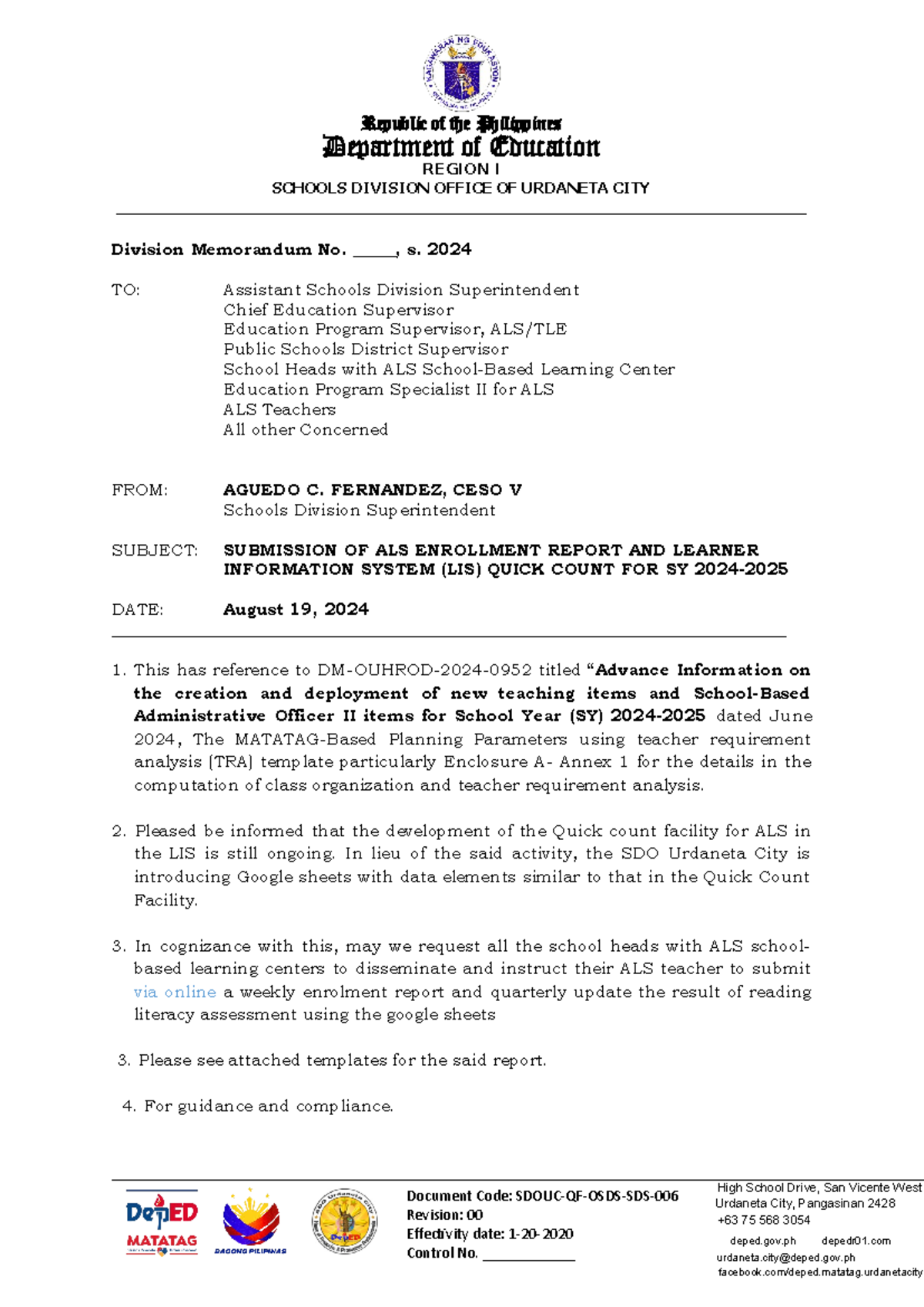 MEMO-ON-ALS Submission OF Report - Republic of the Philippines Department of Education REGION I ...