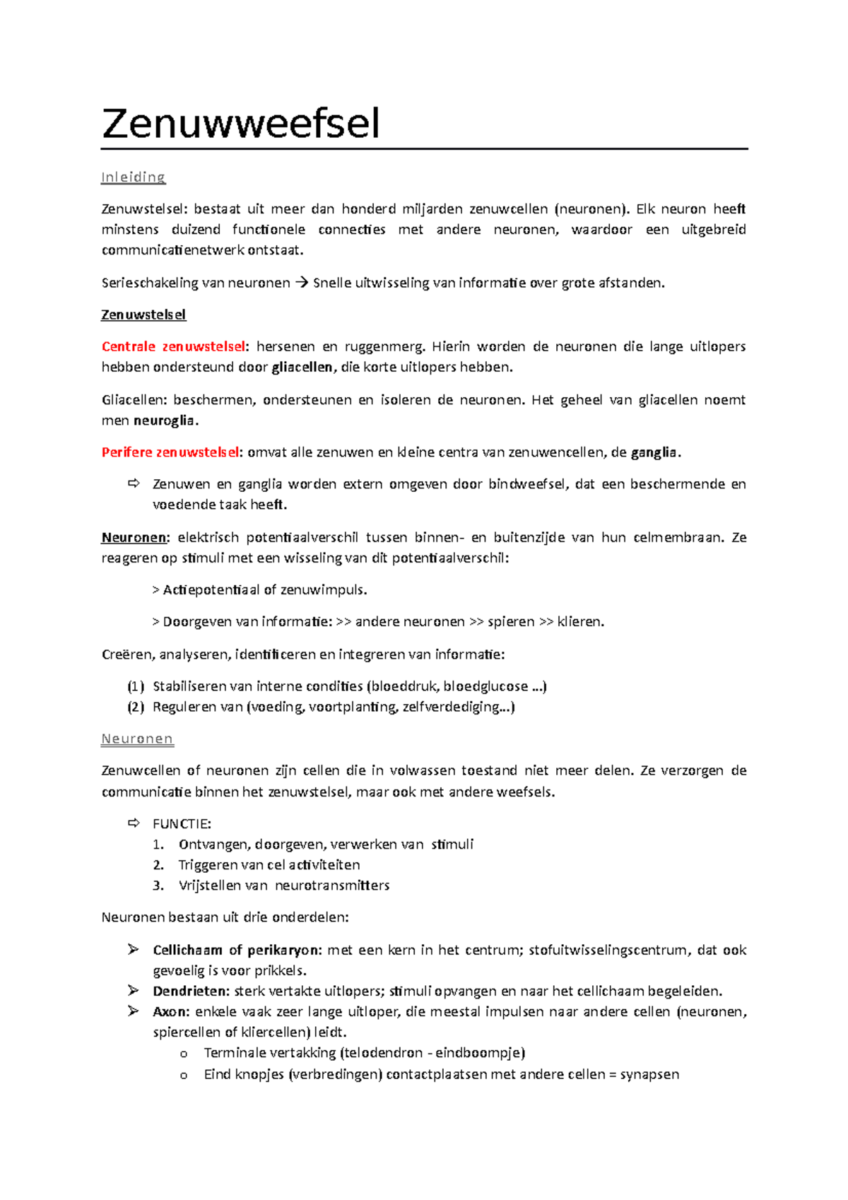 Zenuwweefsel - Samenvatting les - Zenuwweefsel Inleiding Zenuwstelsel ...